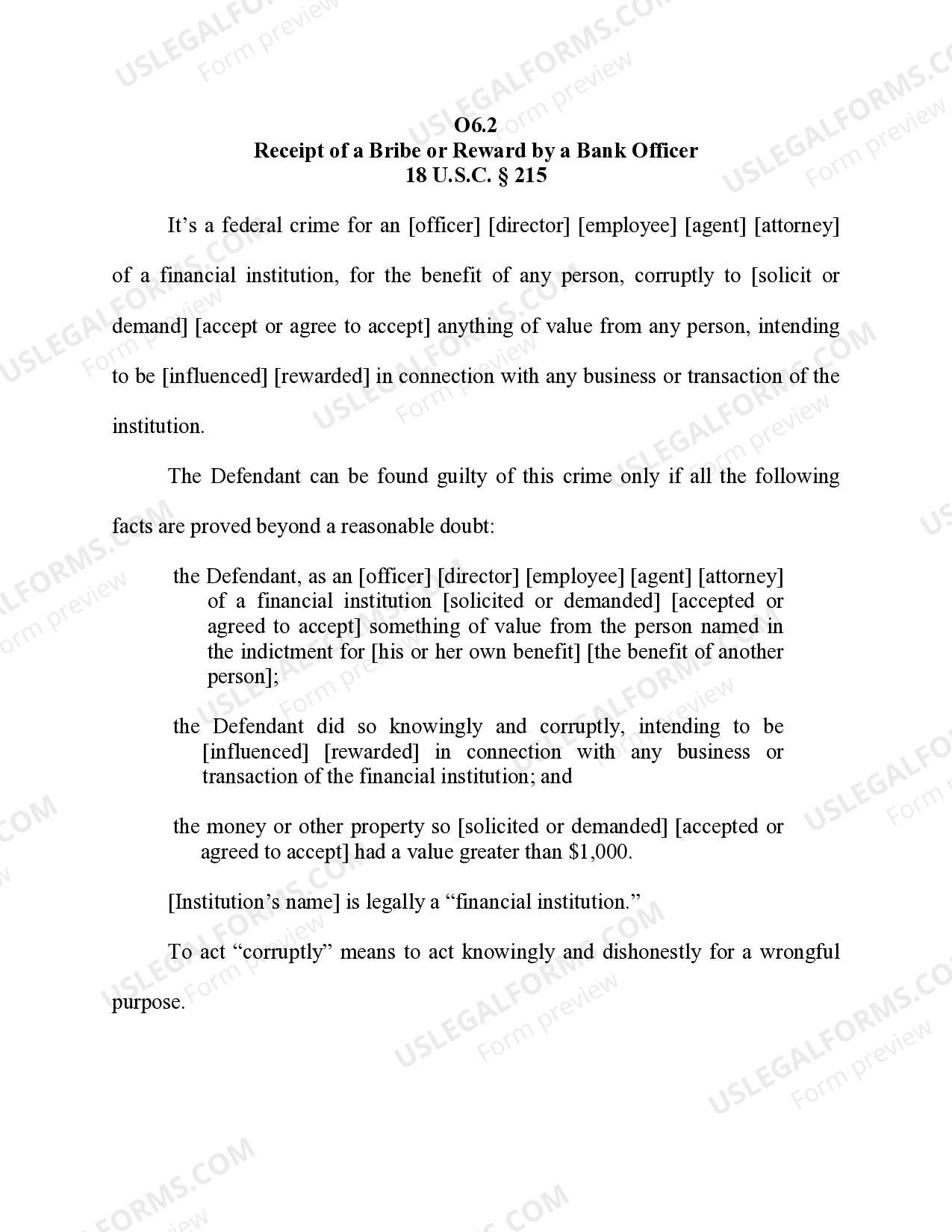 Receipt of a Bribe or Reward by a Bank Officer | US Legal Forms