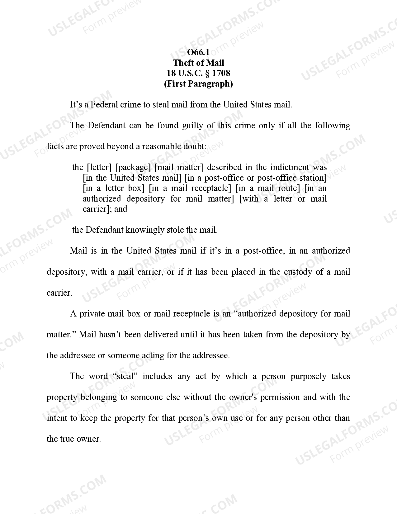 Theft of Mail 18 U.S.C. Sec. 1708 (First Paragraph) | US Legal Forms