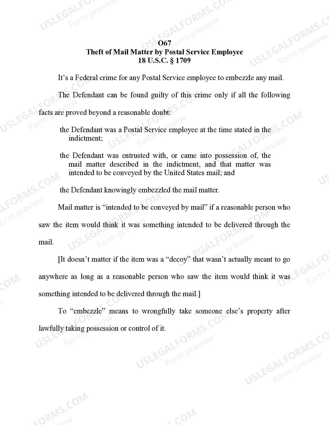 Theft of Mail Matter by Postal Service Employee | US Legal Forms