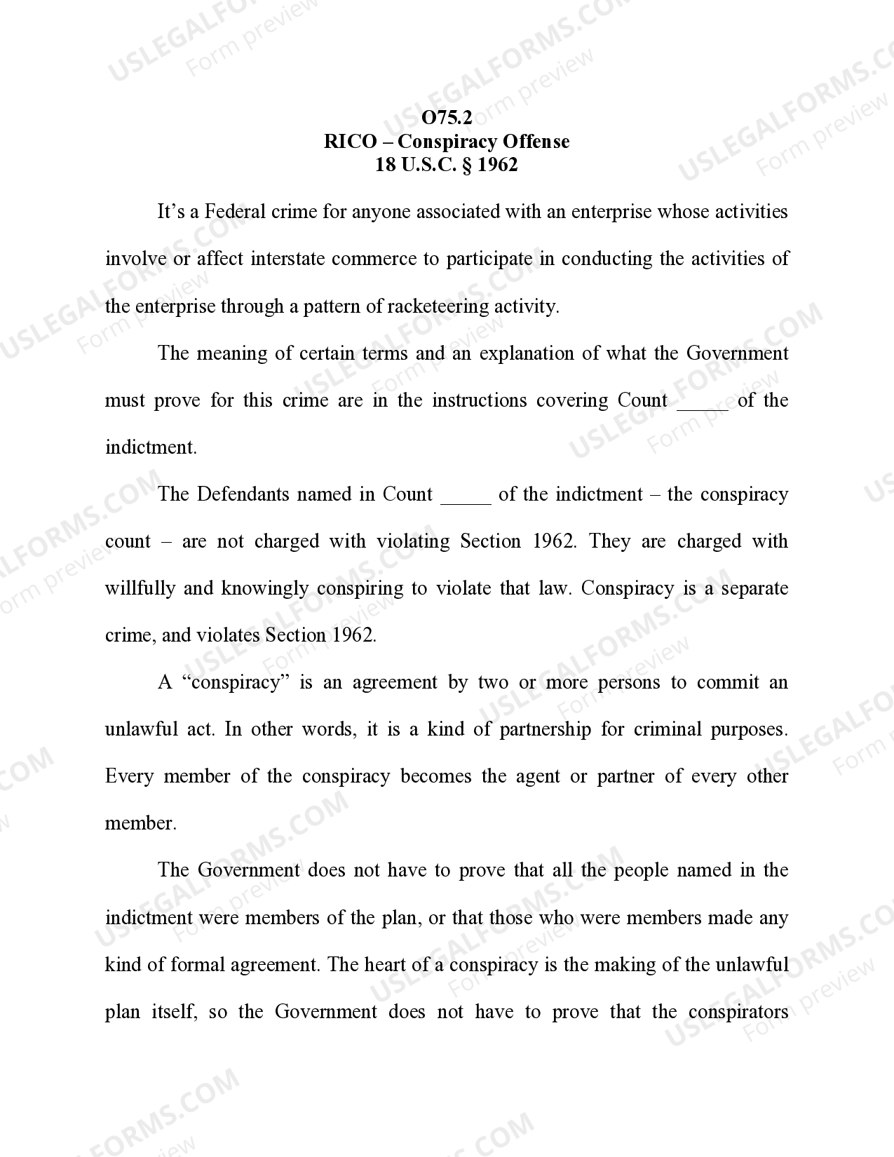 RICO - Conspiracy Offense 18 U.S.C. Sec. 1962(d) | US Legal Forms