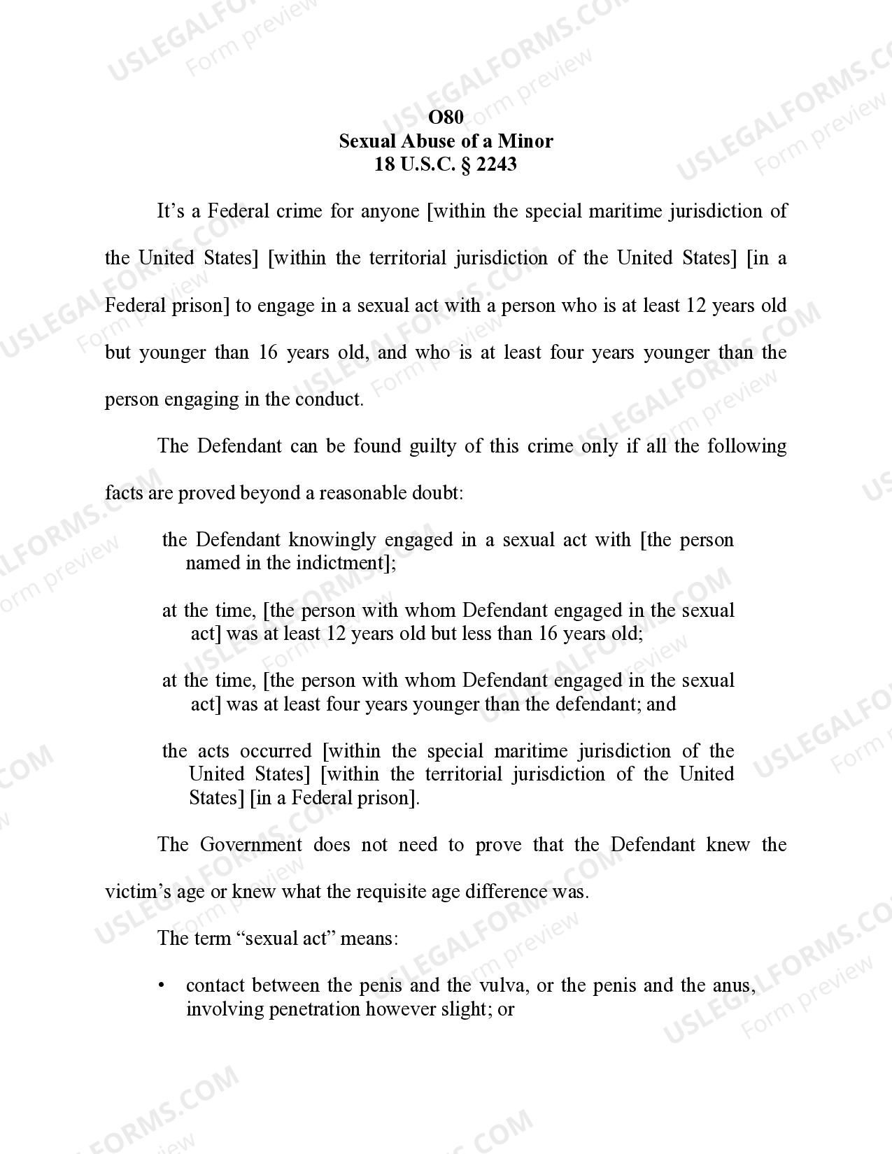 Sexual Abuse of a Minor 18 U.S.C. Sec. 2243(a) | US Legal Forms