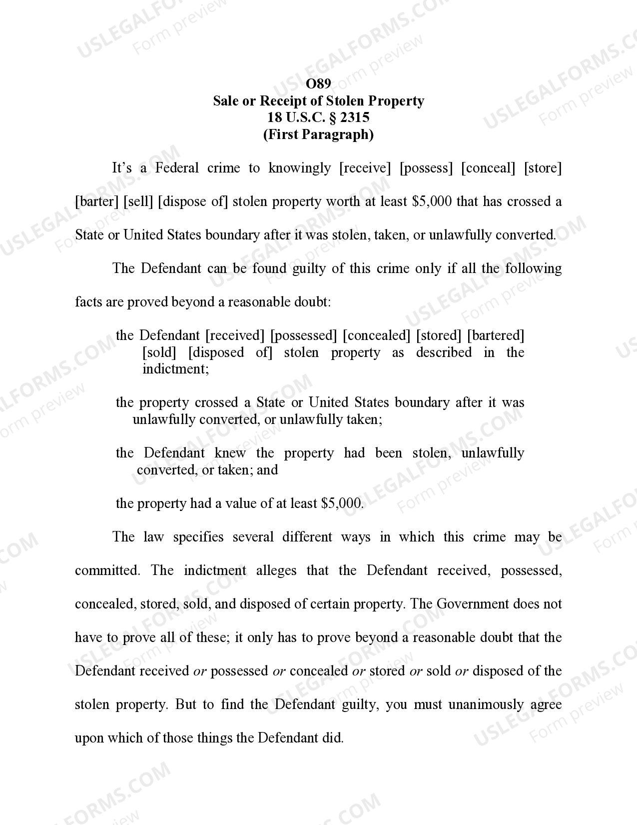 Sale or Receipt of Stolen Property 18 U.S.C. Sec. 2315 (First Paragraph ...