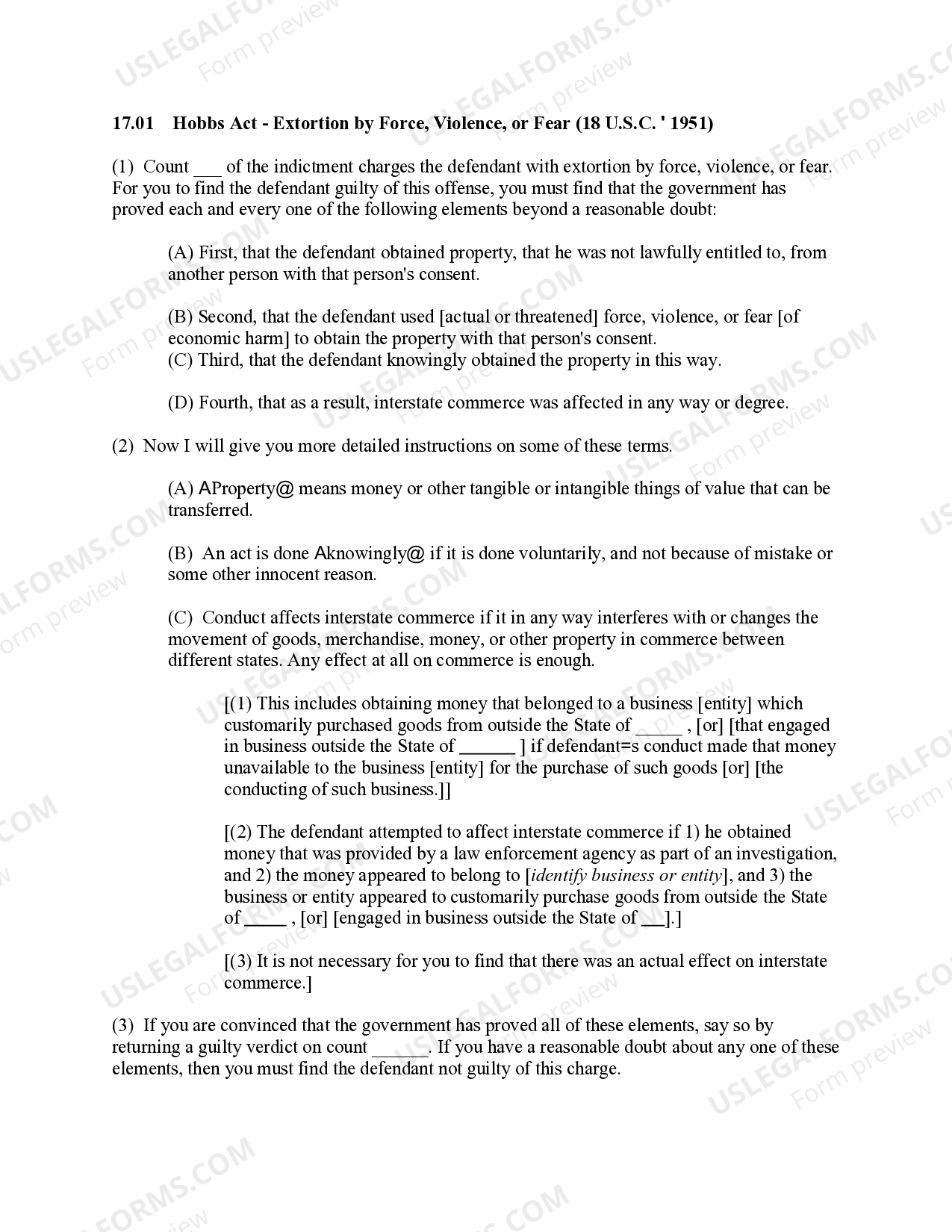 Hobbs Act - Extortion by Force, Violence, or Fear | US Legal Forms