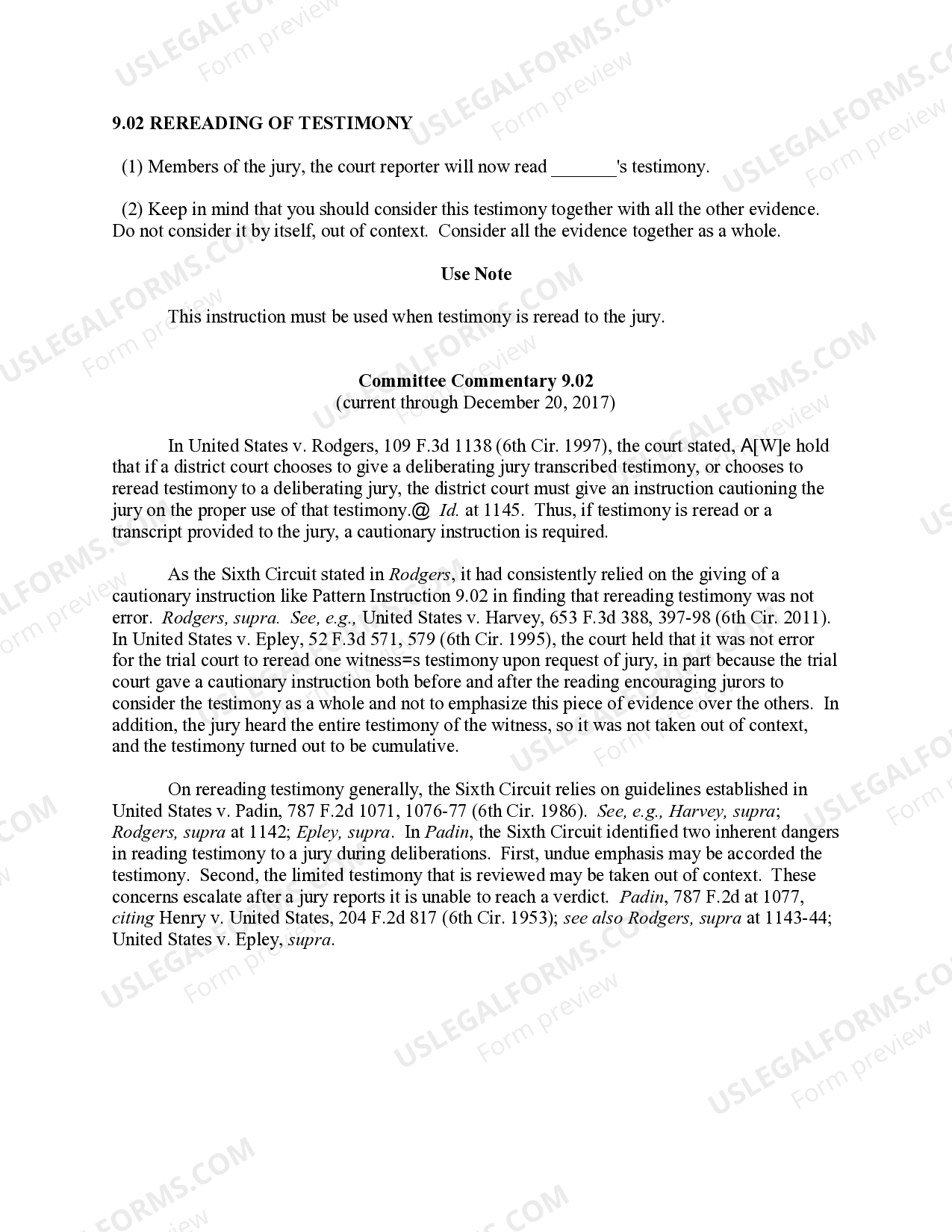 REREADING OF TESTIMONY | US Legal Forms