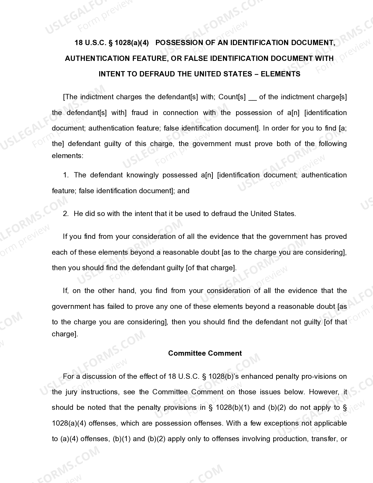 18 U.S.C. Sec. 1028(A)(4) POSSESSION OF AN IDENTIFICATION DOCUMENT ...
