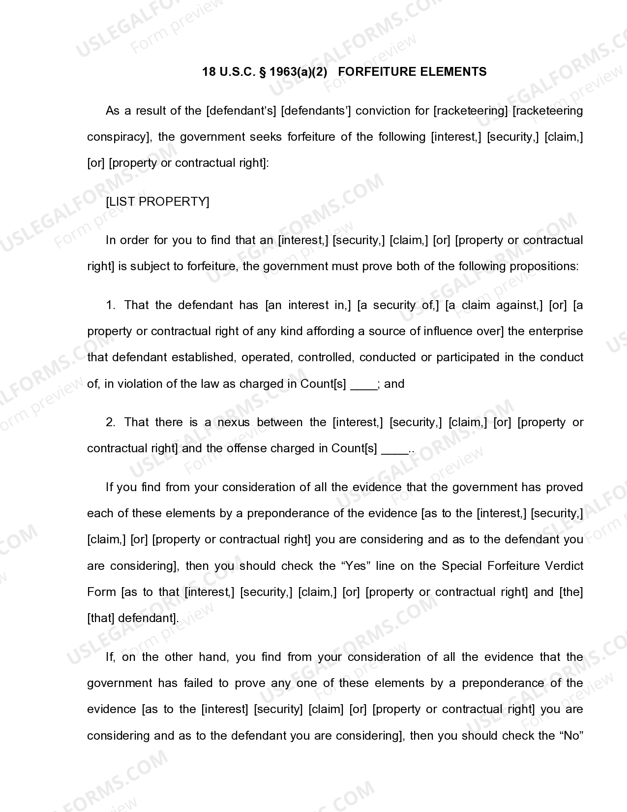 18 U.S.C. Sec. 1963(A)(2) FORFEITURE ELEMENTS | US Legal Forms