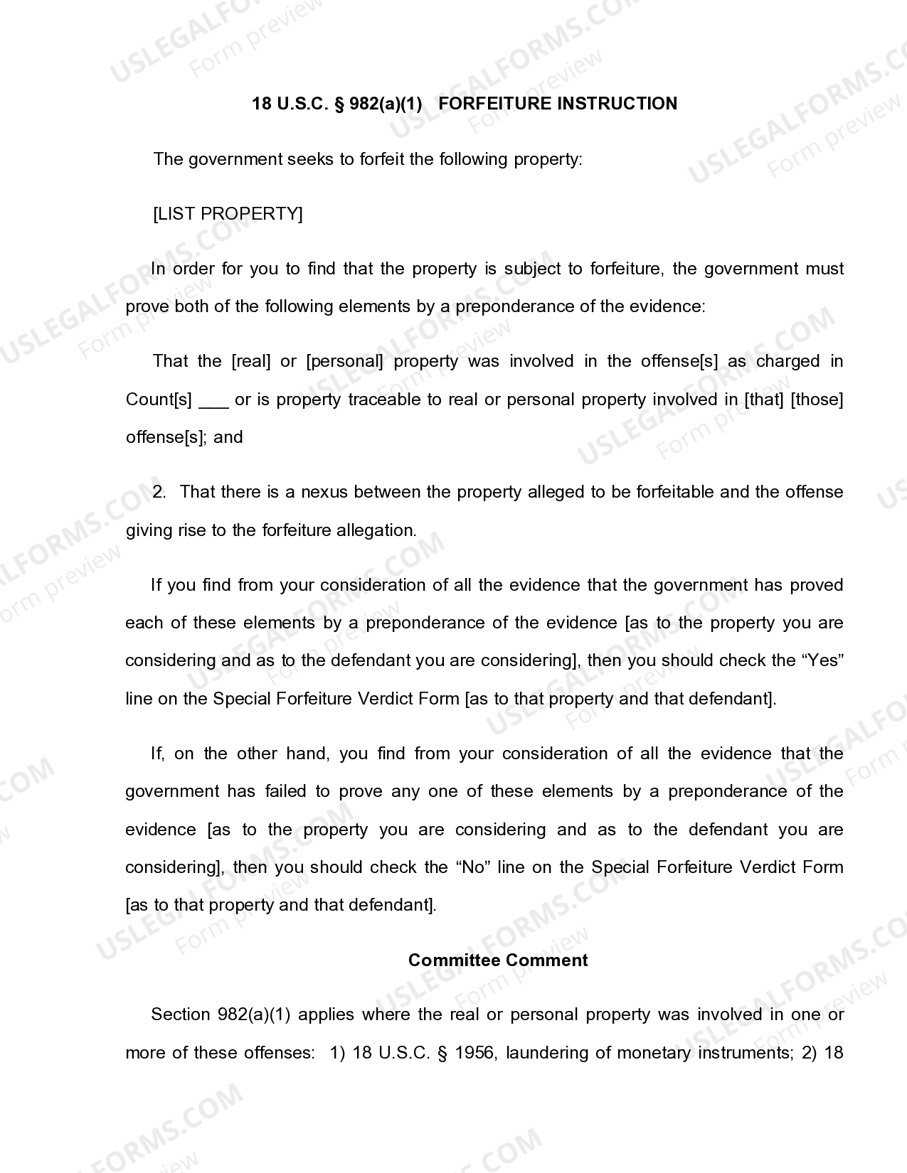 18 U.S.C. Sec. 982(a)(1) FORFEITURE INSTRUCTION | US Legal Forms