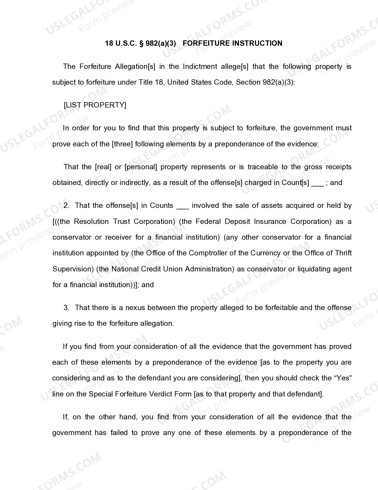 18 U.S.C. Sec. 982(a)(3) FORFEITURE INSTRUCTION | US Legal Forms