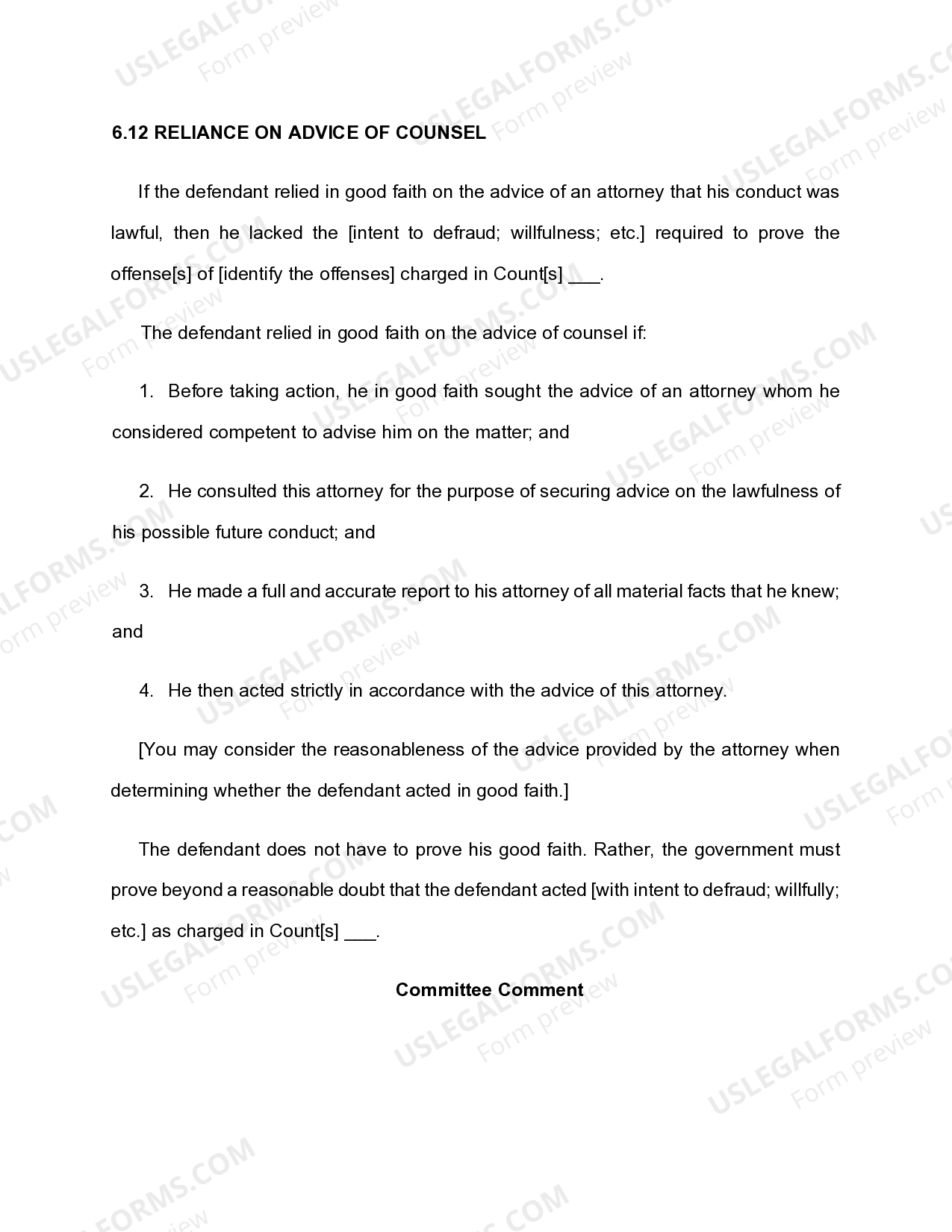 6.12 RELIANCE ON ADVICE OF COUNSEL | US Legal Forms