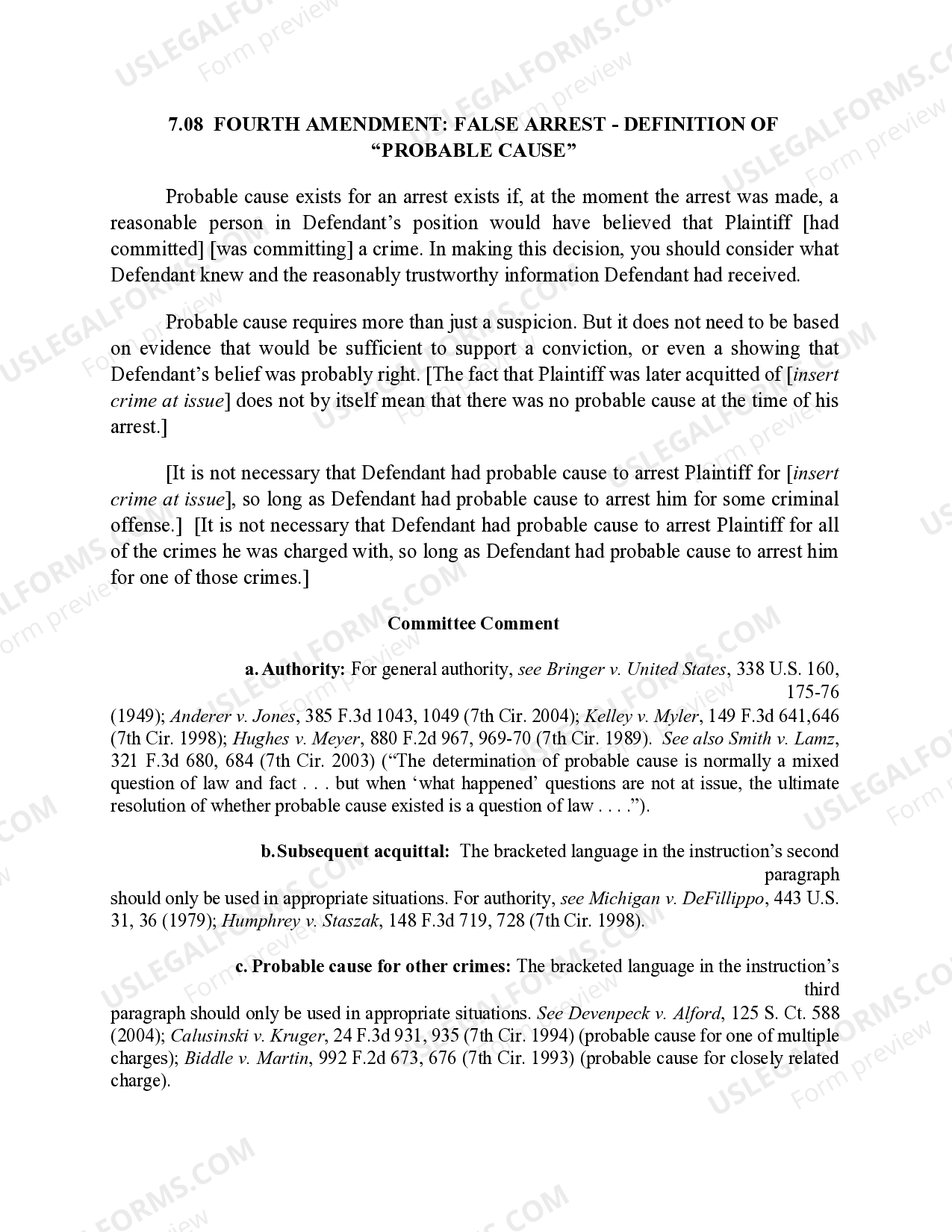 7.08 Fourth Amendment - False Arrest - Definition of "Probable Cause ...