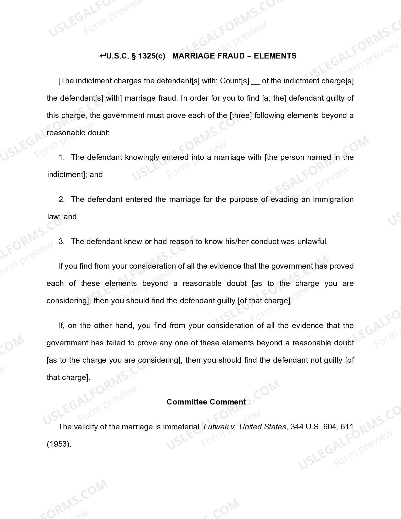 8 U.S.C. Sec. 1325(C) MARRIAGE FRAUD - ELEMENTS | US Legal Forms