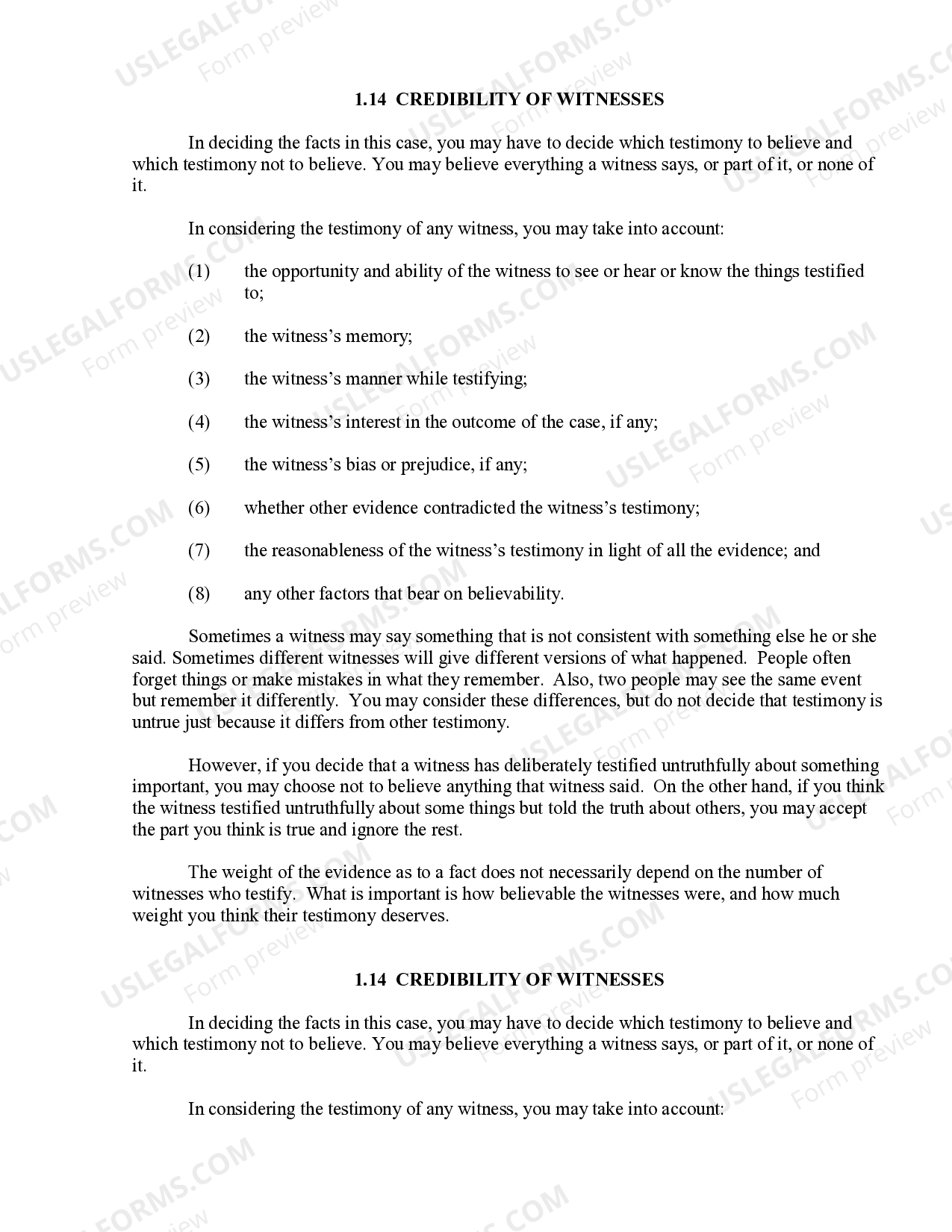 1.14 Credibility of Witnesses | US Legal Forms