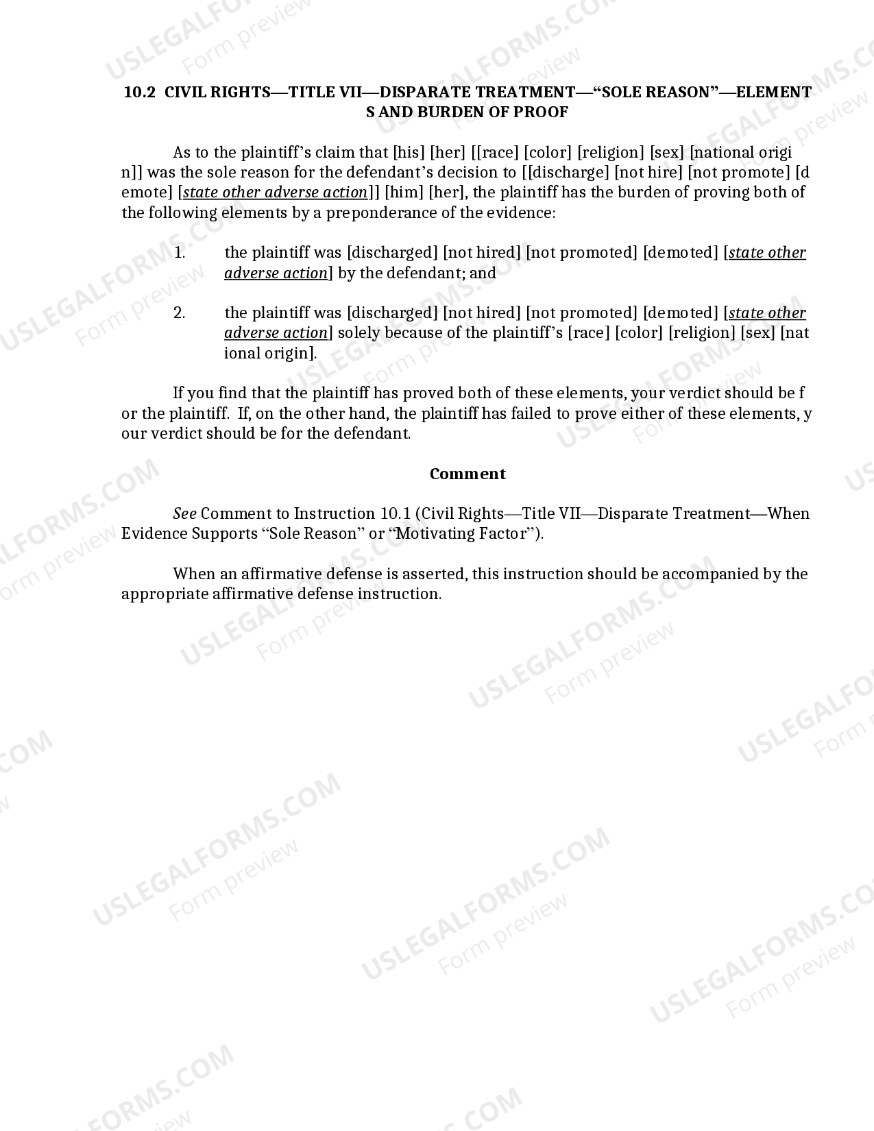 10.2 Civil Rights-Title VII-Disparate Treatment-"Sole Reason"-Elements ...