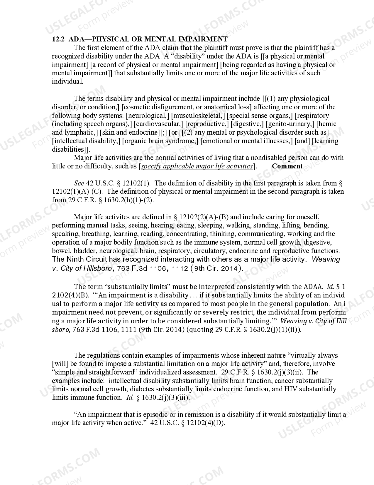 12.2 ADA-Physical or Mental Impairment | US Legal Forms