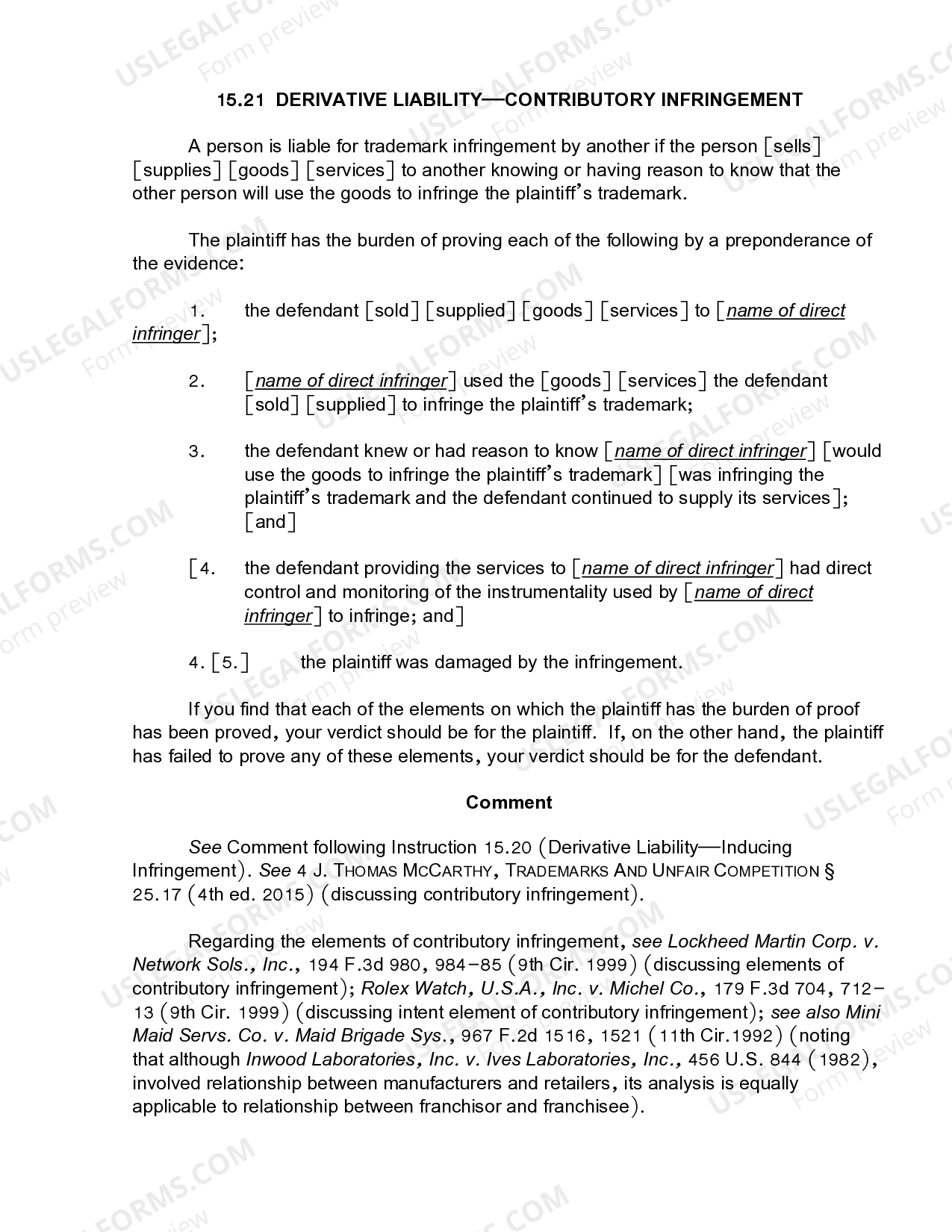 15.21 Derivative Liability-Contributory Infringement | US Legal Forms