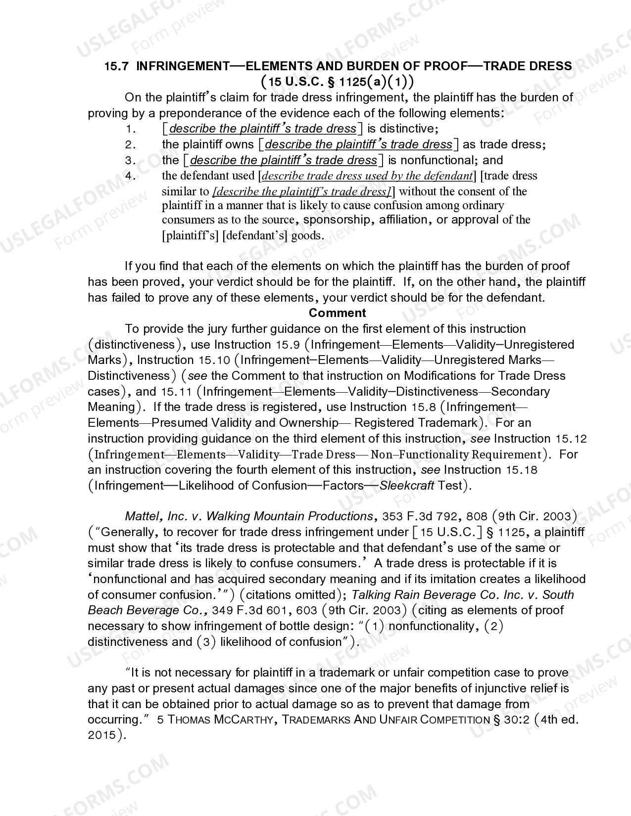 15.7 Infringement-Elements and Burden of Proof-Trade Dress | US Legal Forms