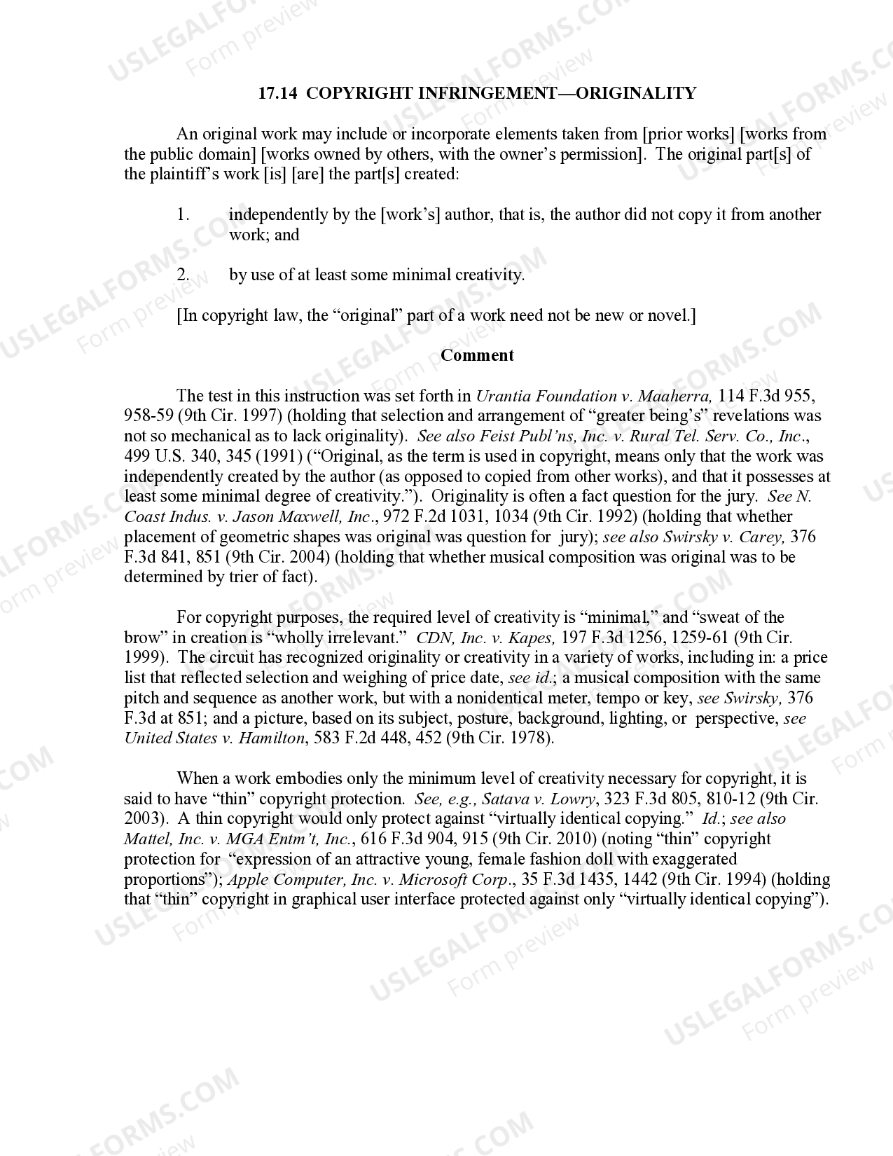 17.14 Copyright Infringement-Originality | US Legal Forms