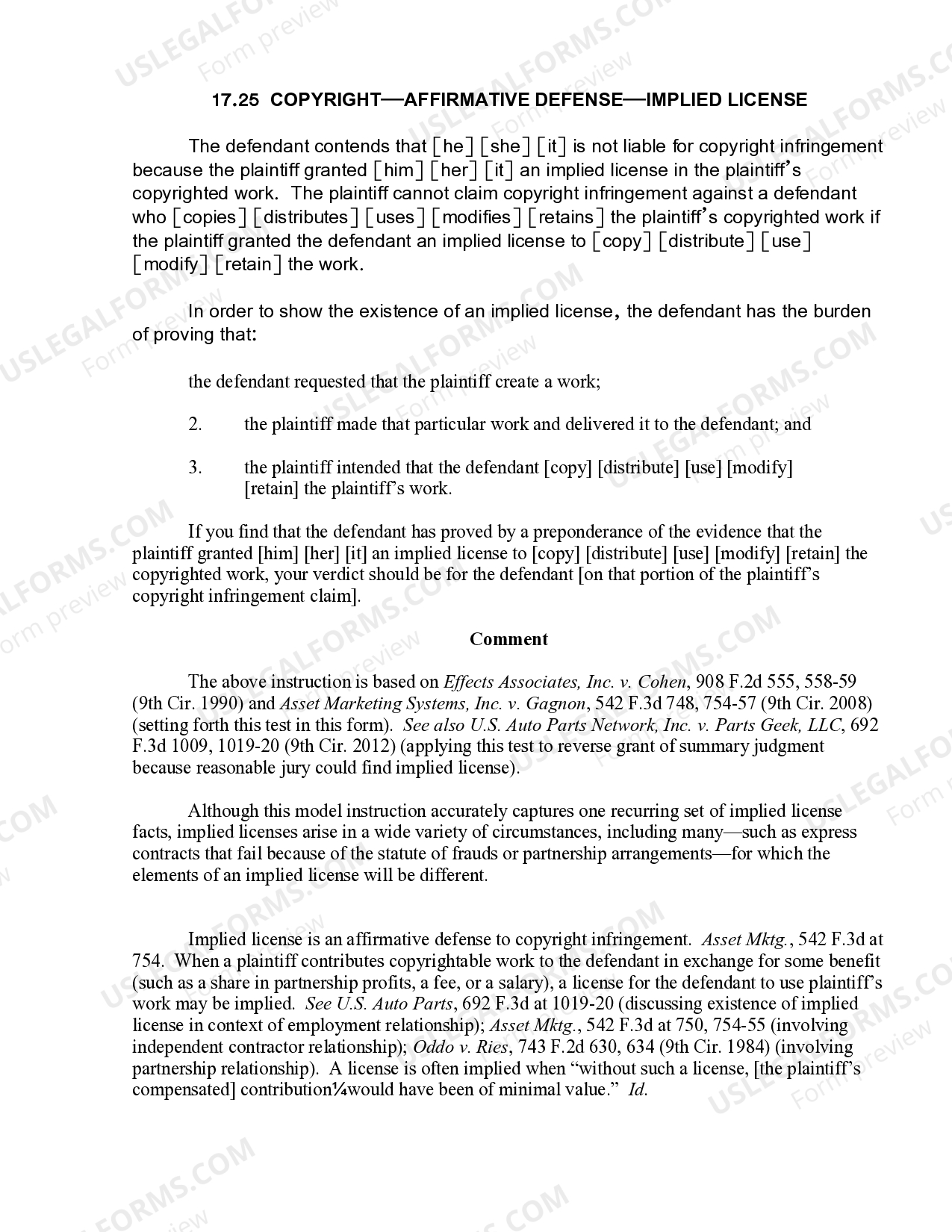 17.25 Copyright-Affirmative Defense-Implied License | US Legal Forms