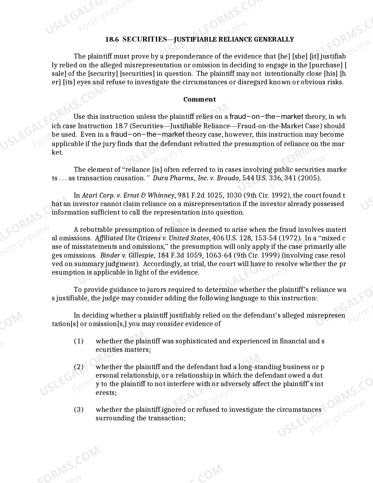 18.6 Securities-Justifiable Reliance Generally | US Legal Forms