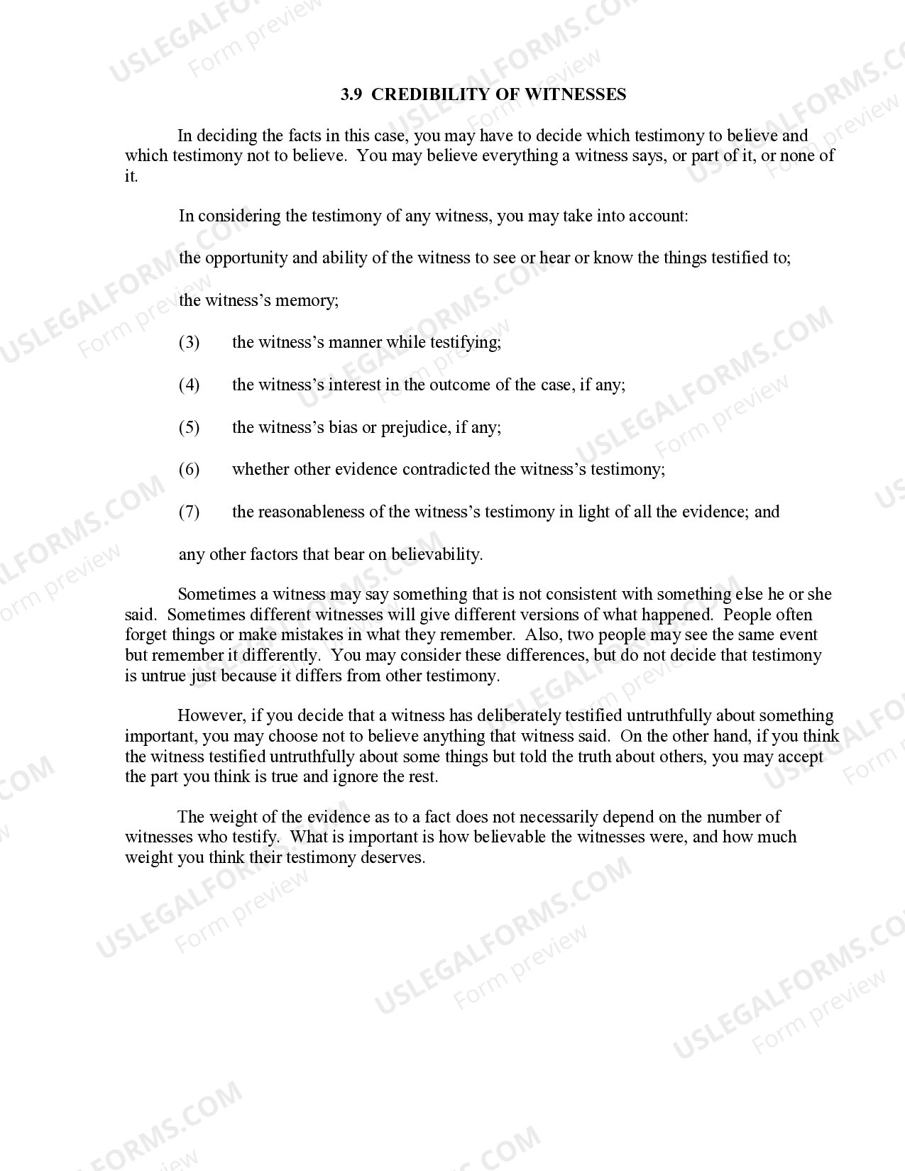 3.9 Credibility of Witnesses | US Legal Forms