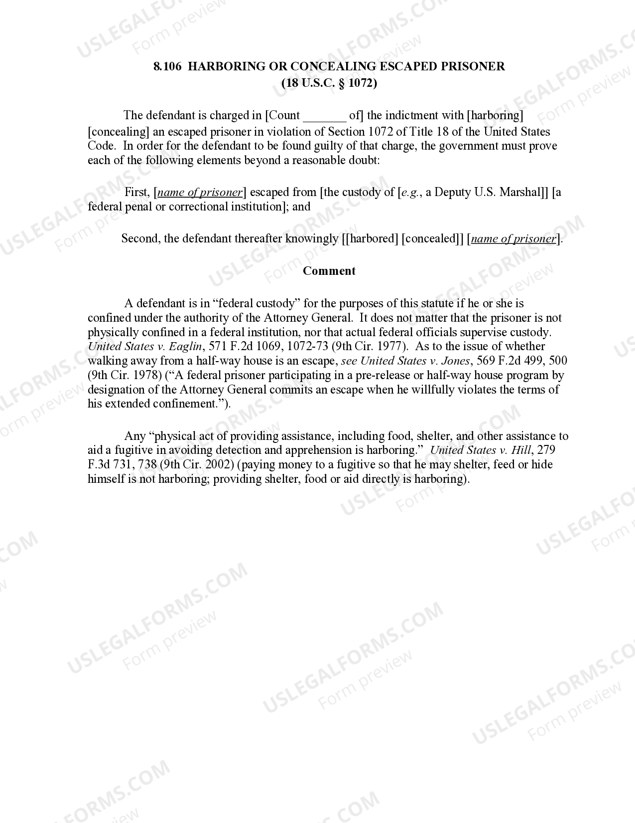 8.106 Harboring or Concealing Escaped Prisoner (18 U.S.C. Sec. 1072 ...