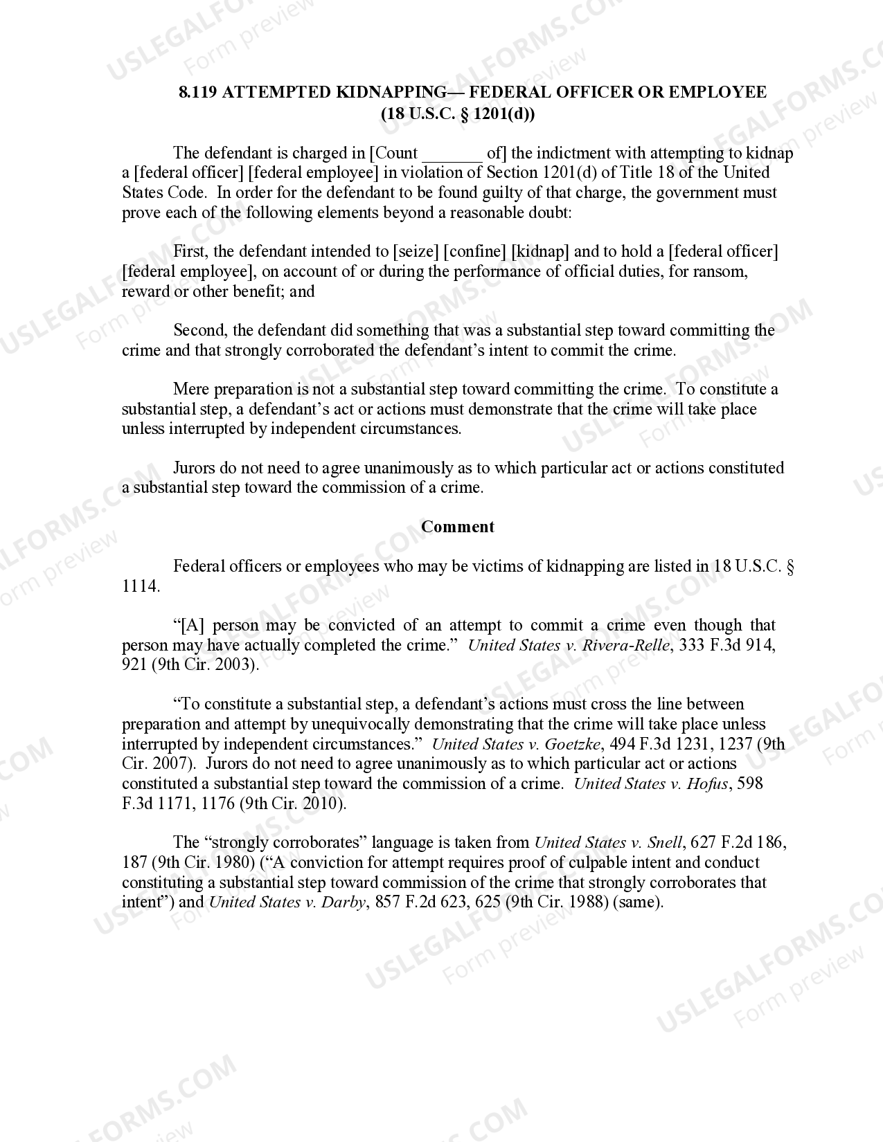 8.119 Attempted Kidnapping-Federal Officer or Employee (18 U.S.C. Sec ...