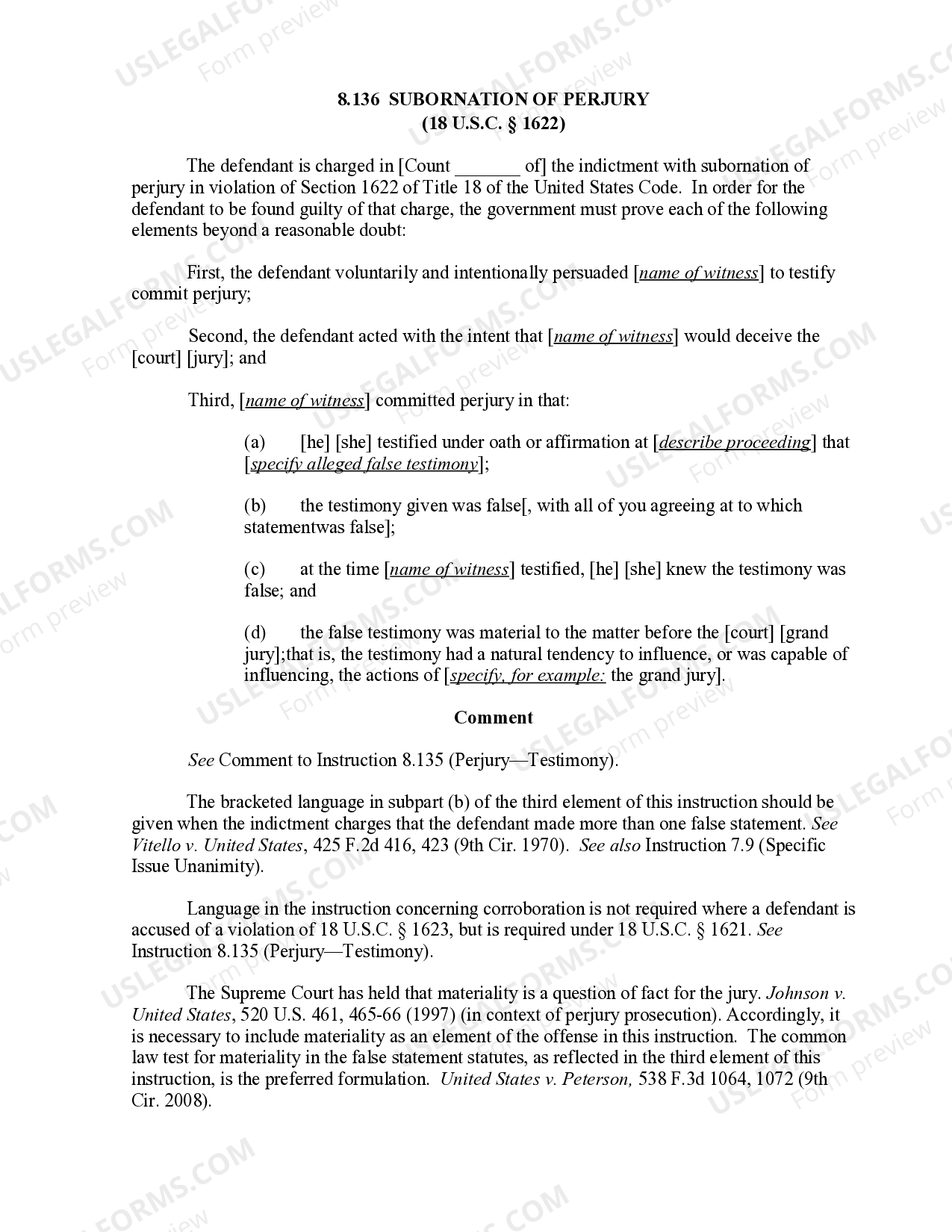 8.136 Subornation of Perjury (18 U.S.C. Sec. 1622) | US Legal Forms