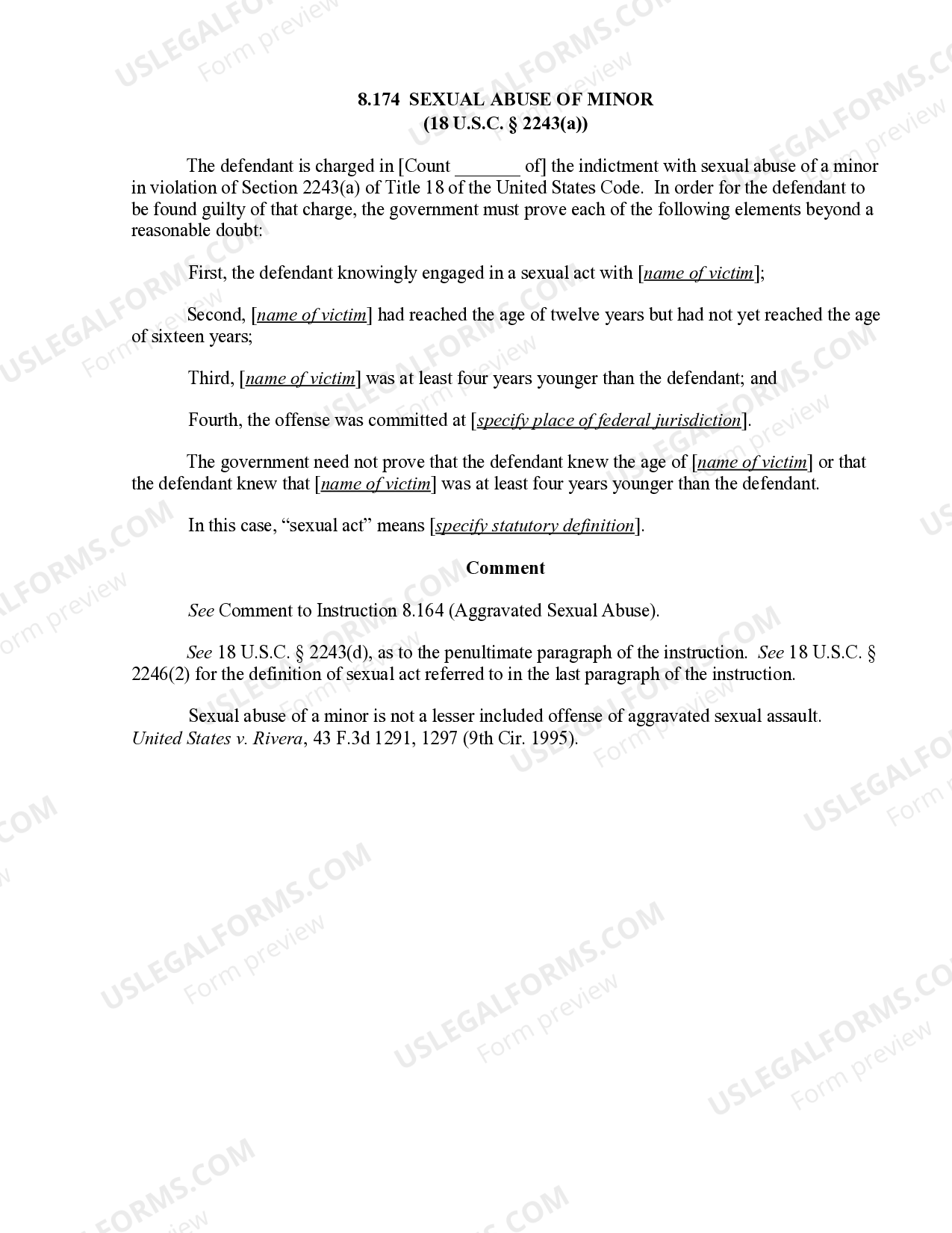 8.174 Sexual Abuse of Minor (18 U.S.C. Sec. 2243(a)). | US Legal Forms