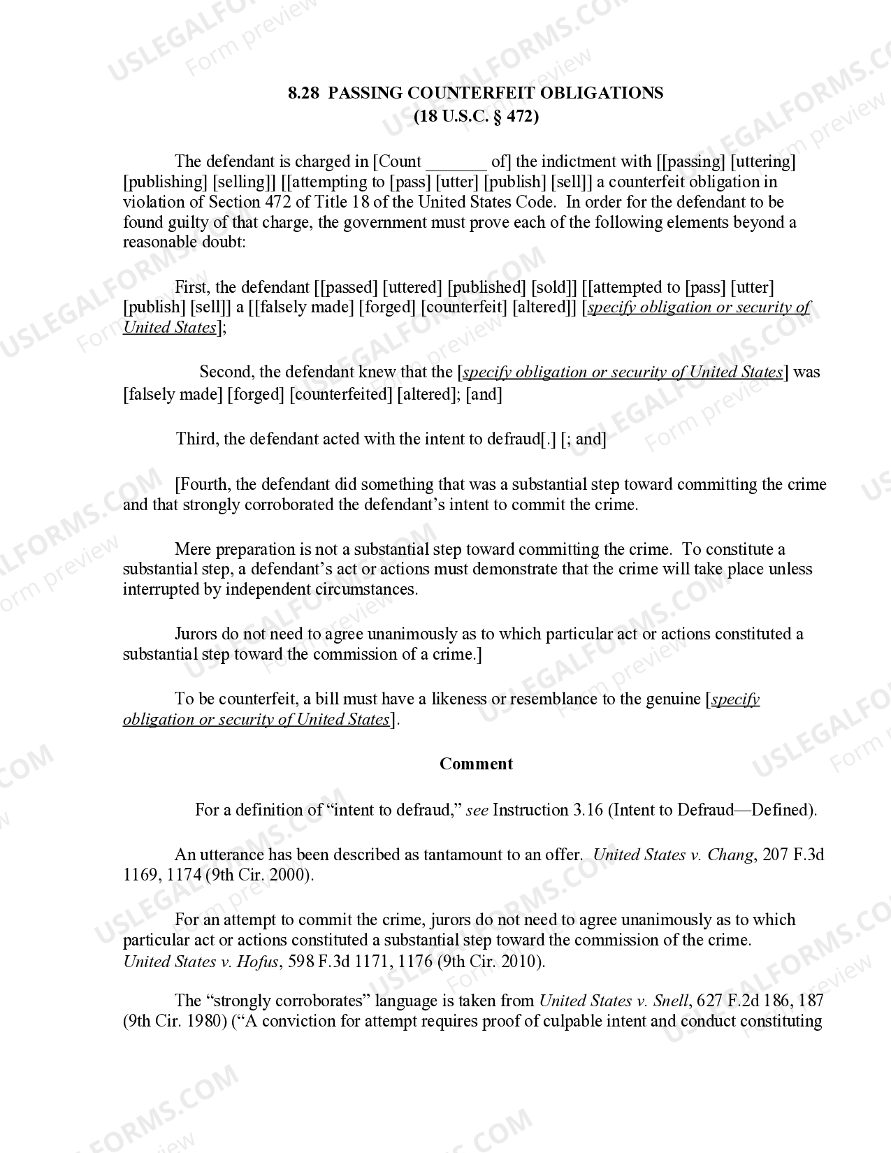 8.28 Passing Counterfeit Obligations (18 U.S.C. Sec. 472) | US Legal Forms