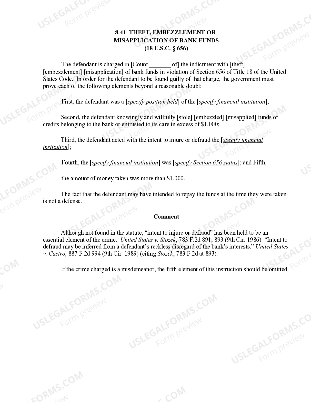 8.41 Theft, Embezzlement or Misapplication of Bank Funds (18 U.S.C. Sec ...