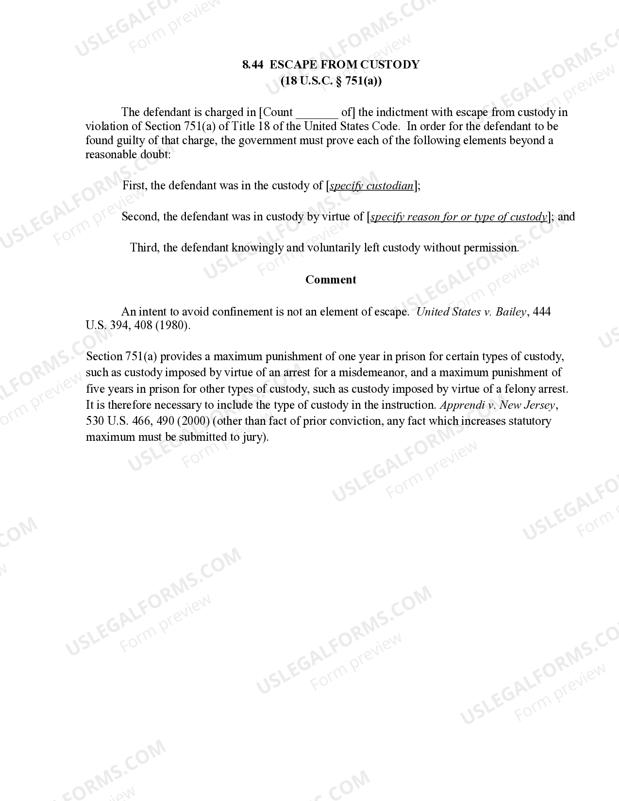 8.44 Escape from Custody (18 U.S.C. Sec. 751(a)) | US Legal Forms