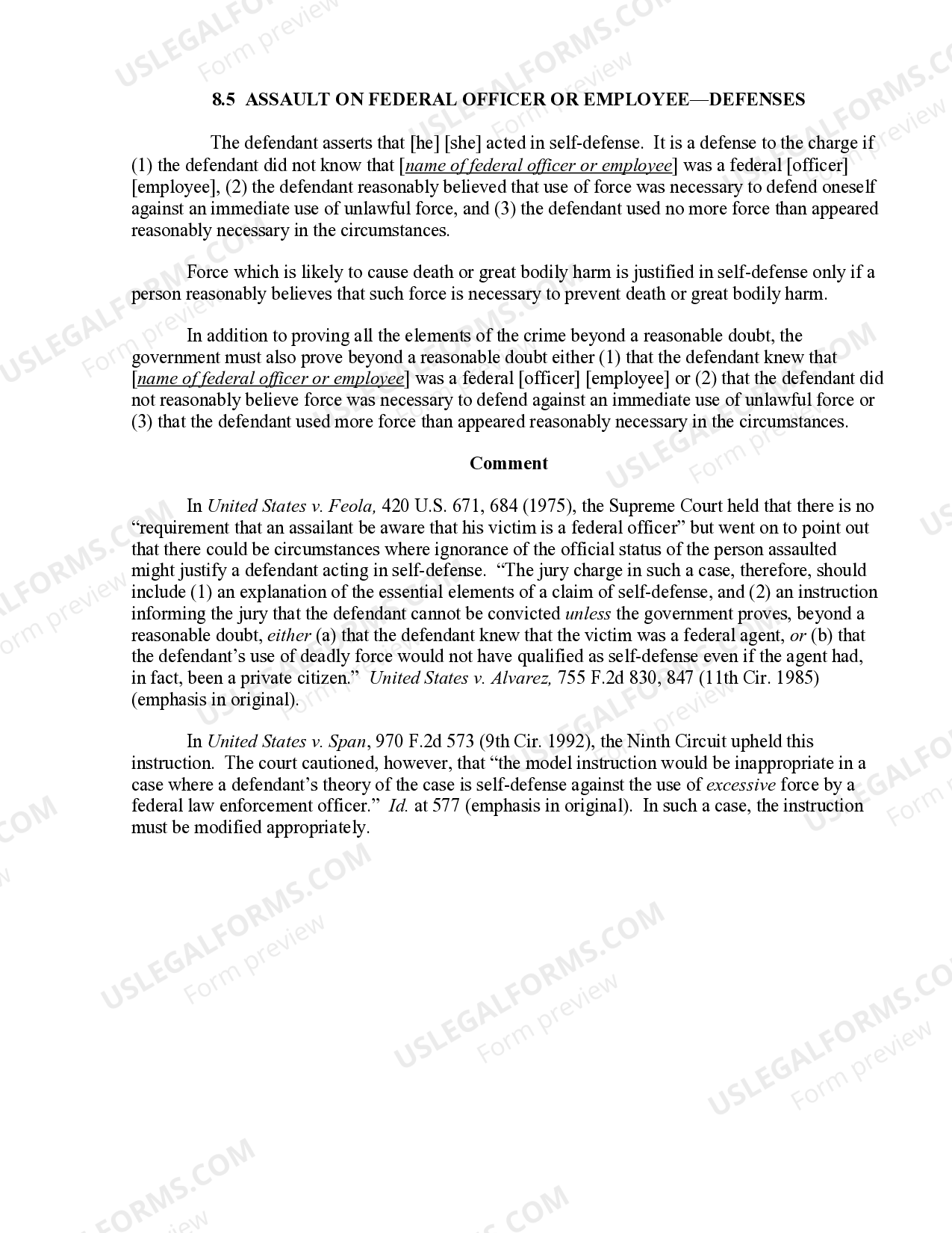 8.5 Assault on Federal Officer or Employee-Defenses. | US Legal Forms