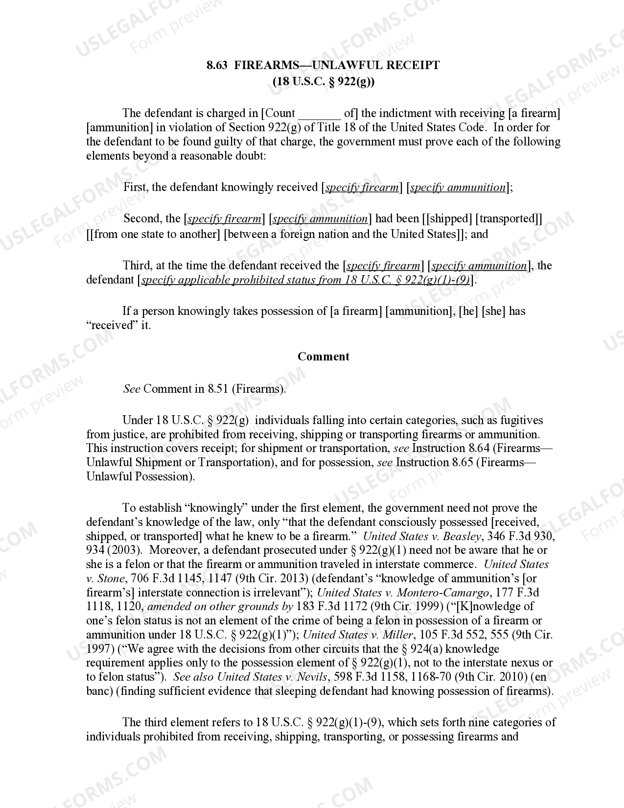 8.63 Firearms-Unlawful Receipt (18 U.S.C. Sec. 922(g)) | US Legal Forms
