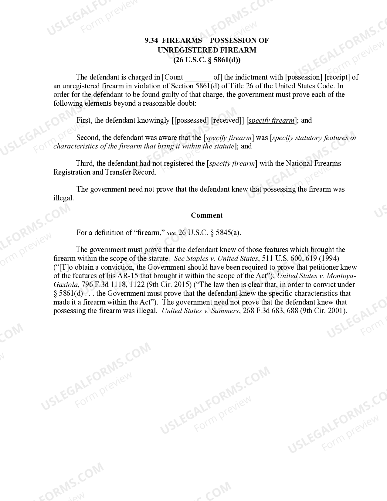 9.34 Firearms-Possession of Unregistered Firearm | US Legal Forms