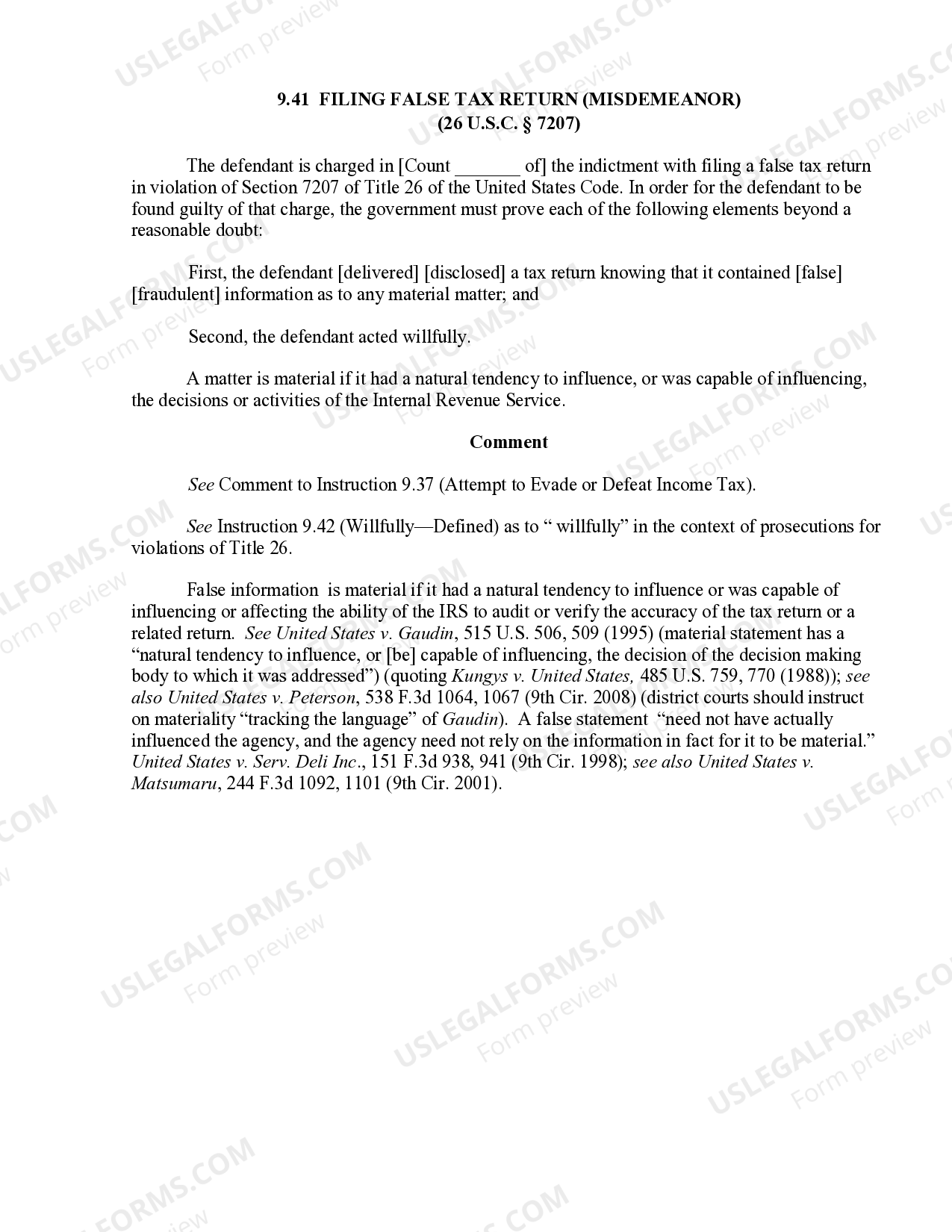 9.41 Filing False Tax Return (Misdemeanor) | US Legal Forms