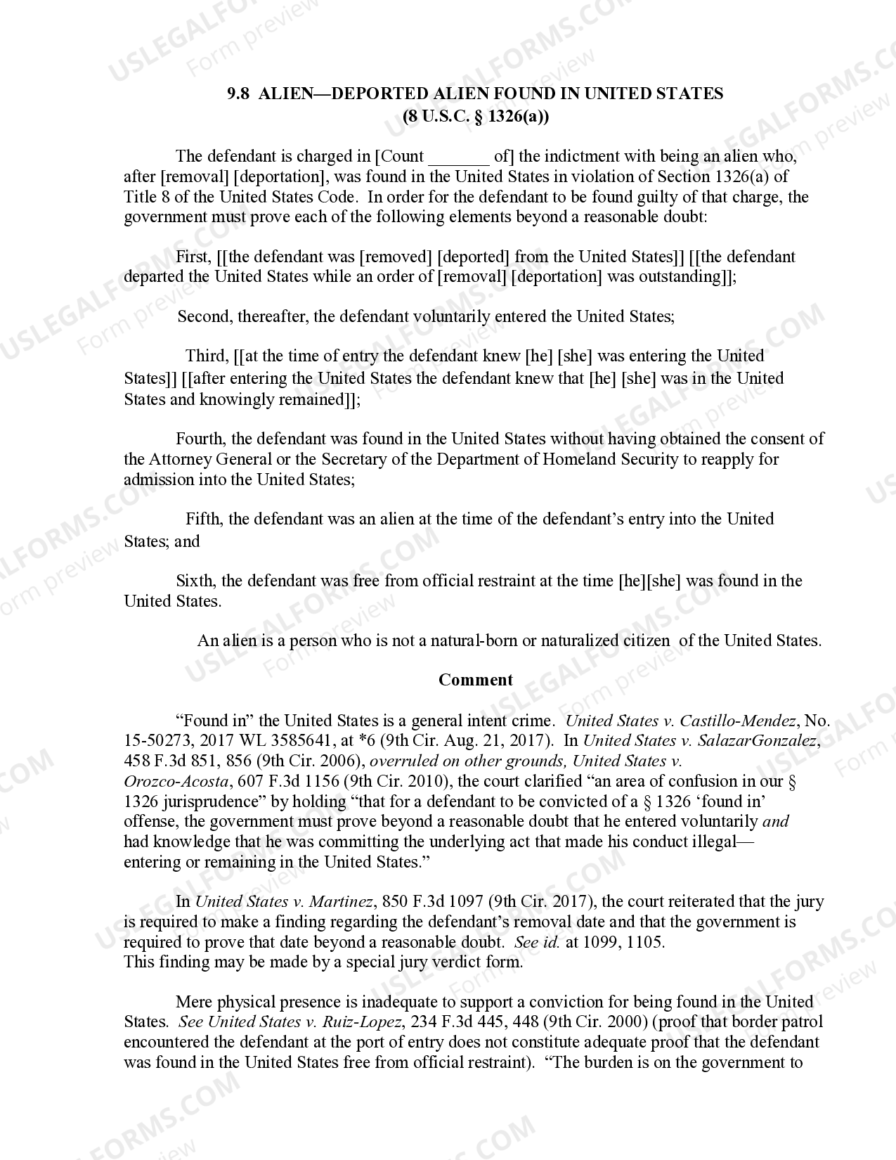 9.8 Alien-Deported Alien Found in United States | US Legal Forms