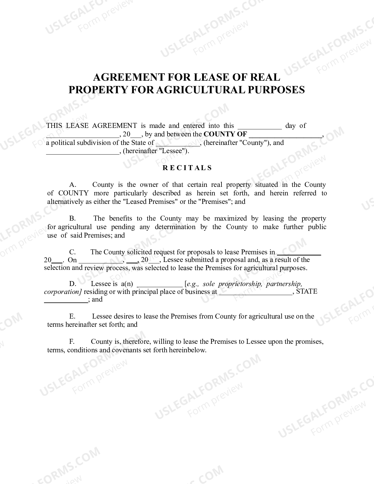 Agreement for Lease of Real Property For Agricultural Purposes | US ...