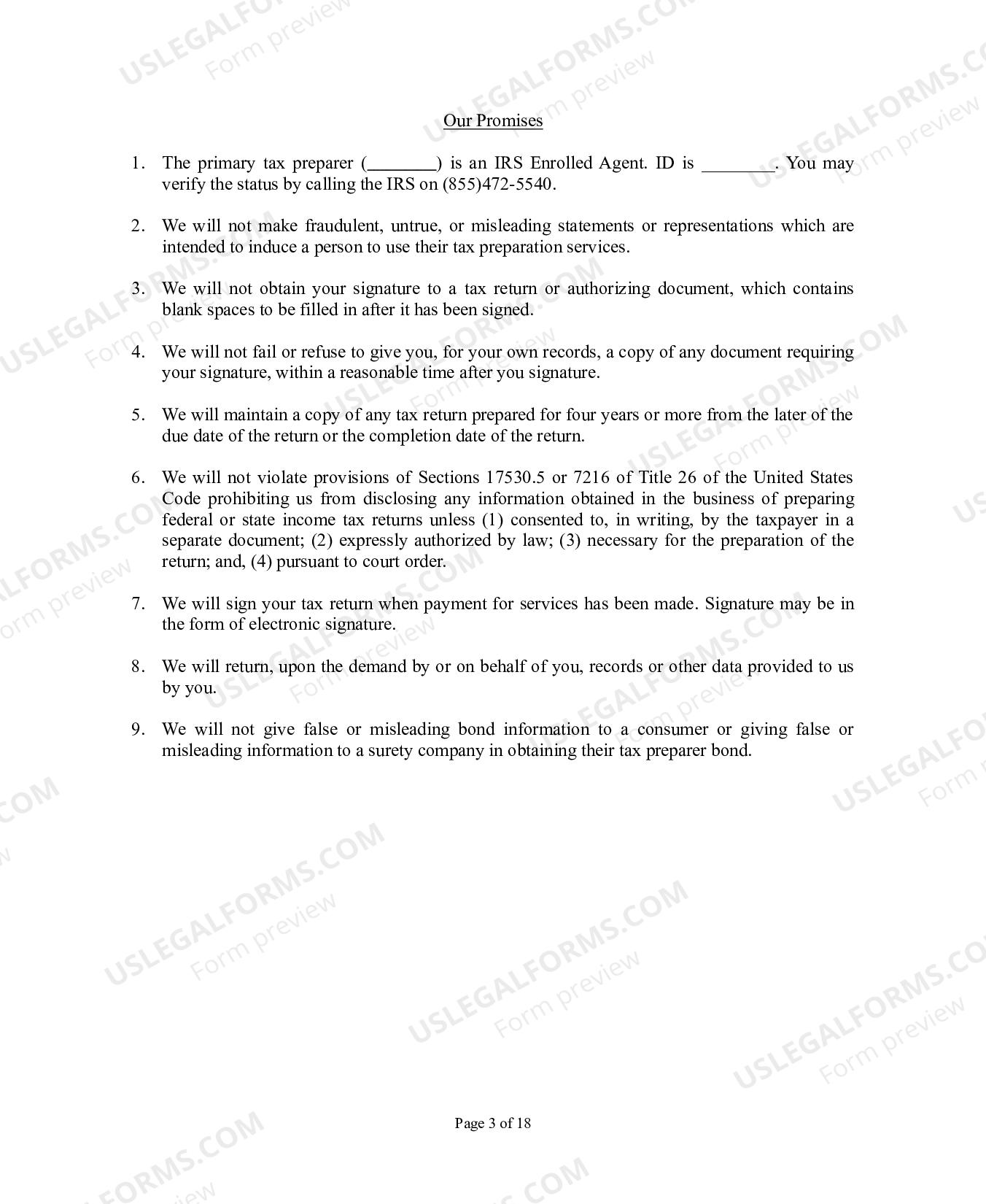 Tax Preparer: Disclosure and Service Agreement | US Legal Forms