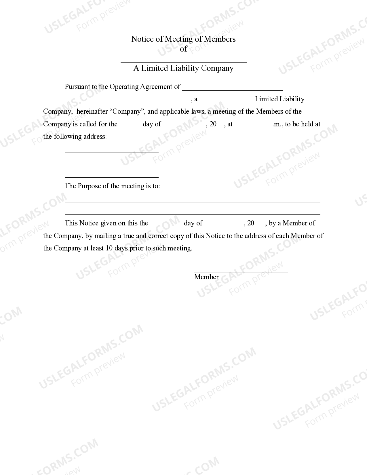 New Hampshire Notice of Meeting of Members of LLC Limited Liability ...