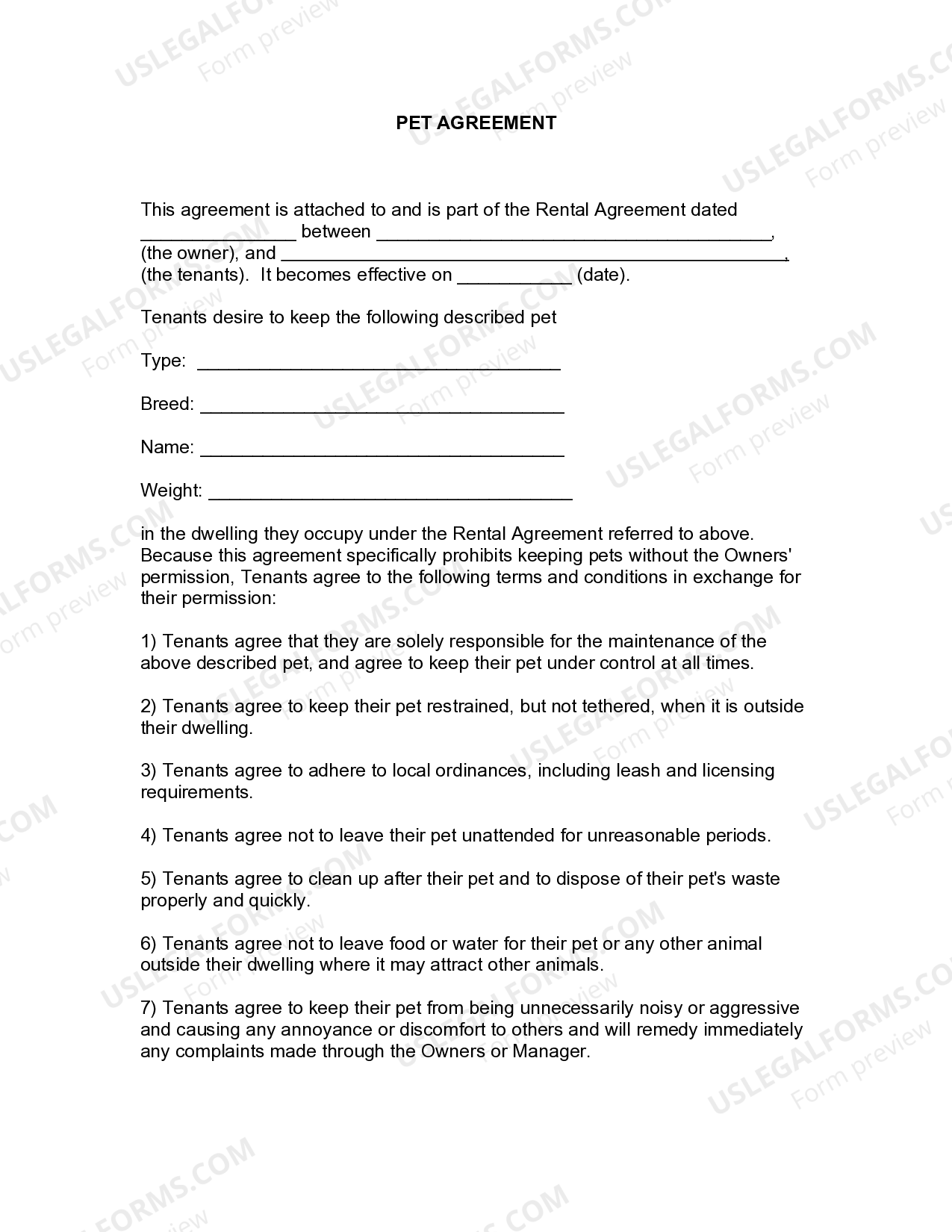 Pet Agreement | US Legal Forms