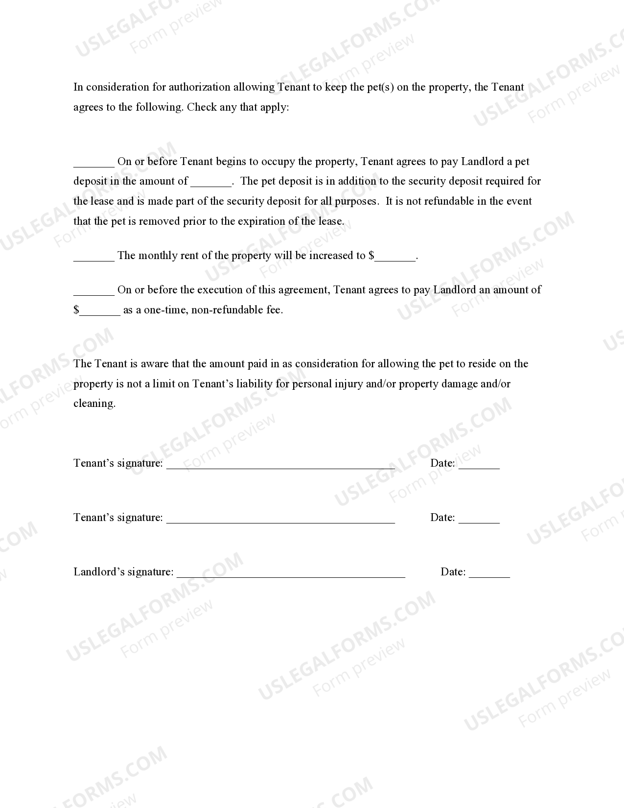 Pet Agreement for Lease | US Legal Forms
