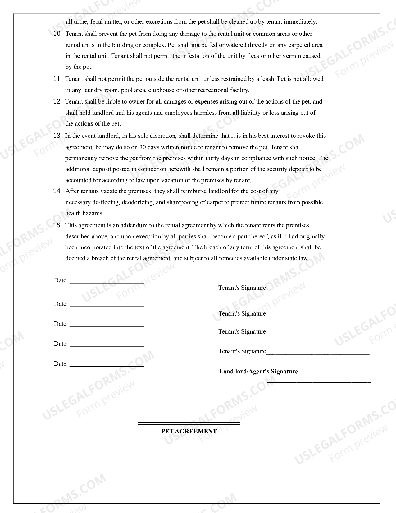 Pet Agreement between Landlord and Tenant | US Legal Forms
