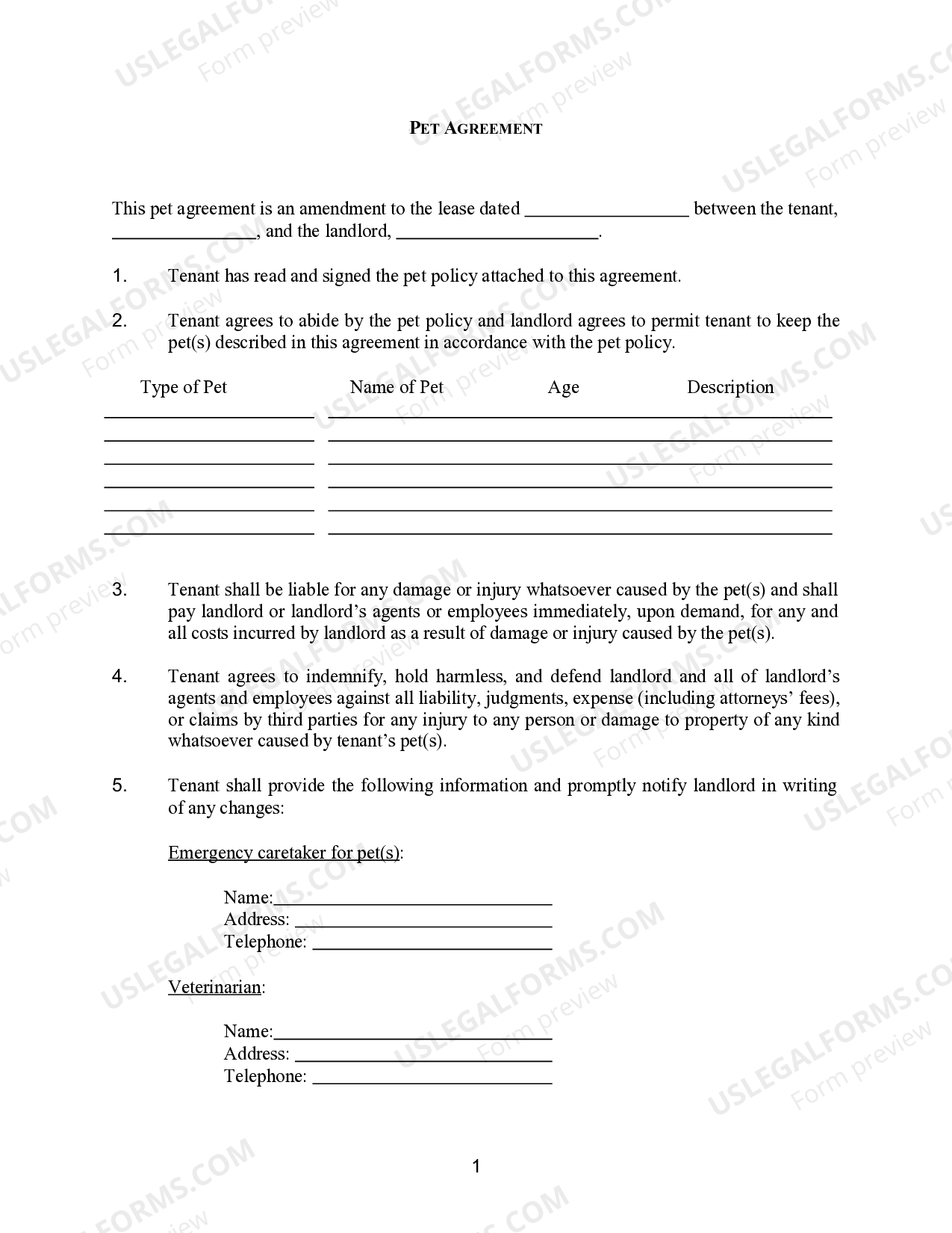 Pet Agreement for Single Tenant in a Lease | US Legal Forms