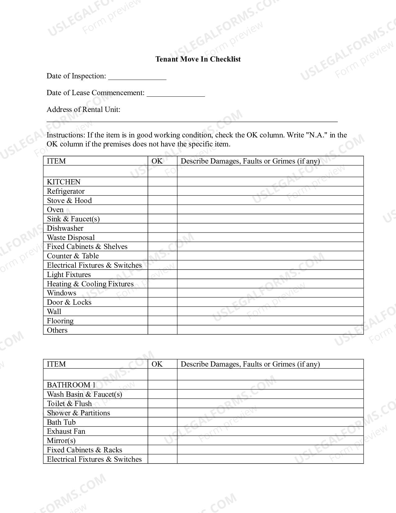 Tenant Move In Checklist | US Legal Forms