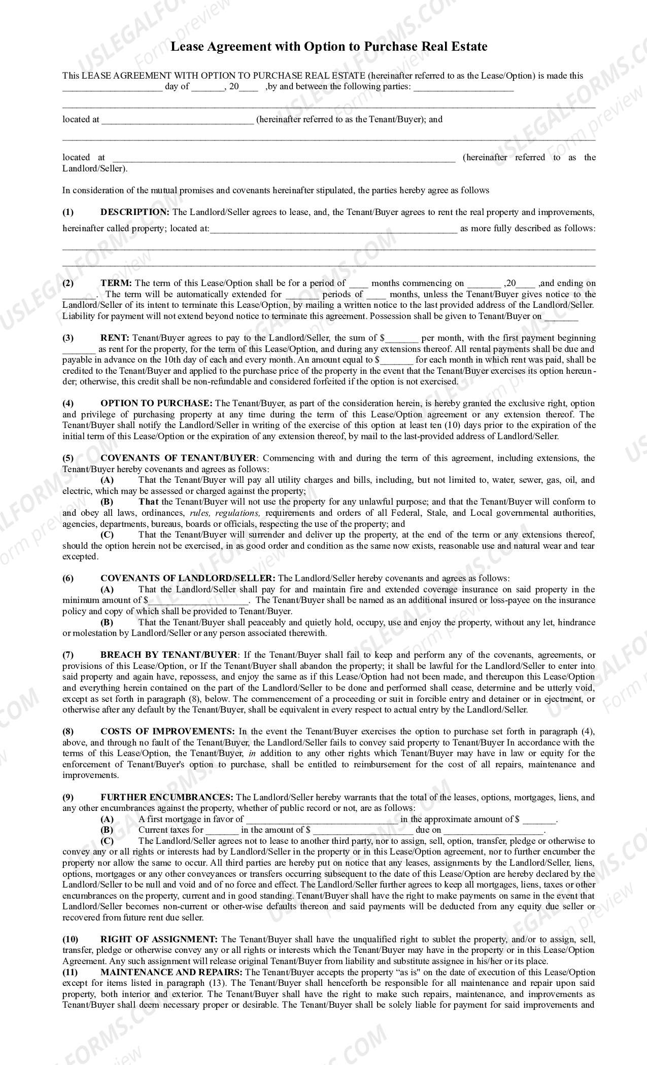 Lease Agreement with Option to Purchase Real Estate | US Legal Forms