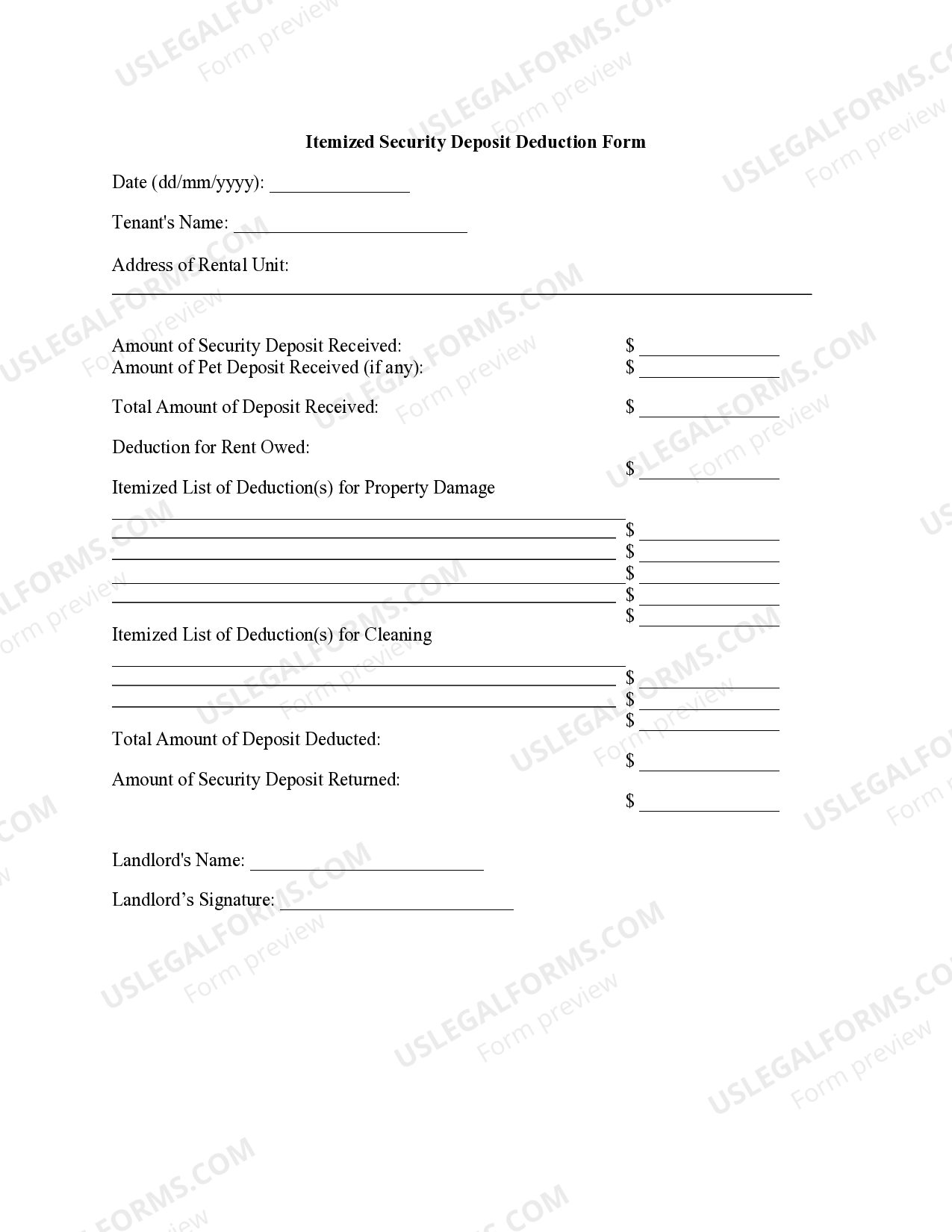Itemized Security Deduction Form | US Legal Forms