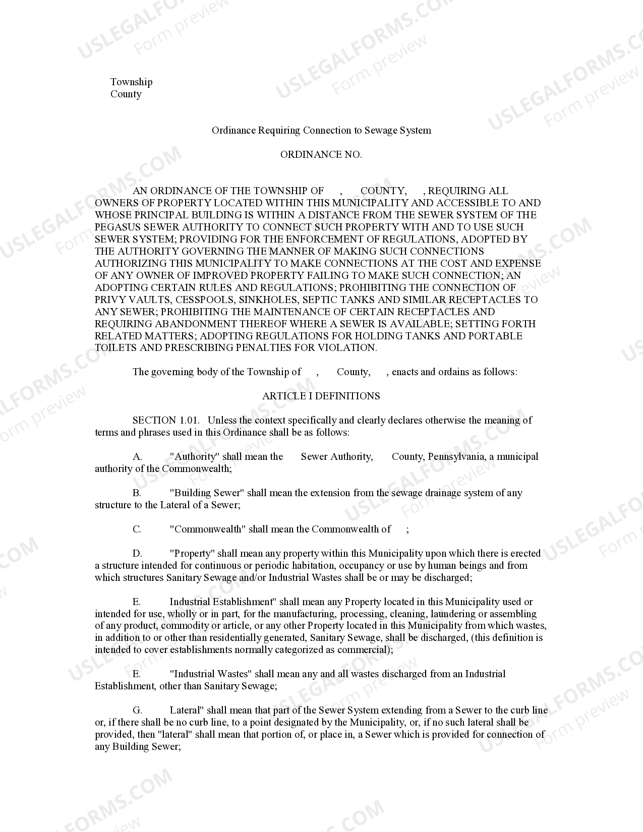 Ordinance Requiring Connection to Sewage System | US Legal Forms