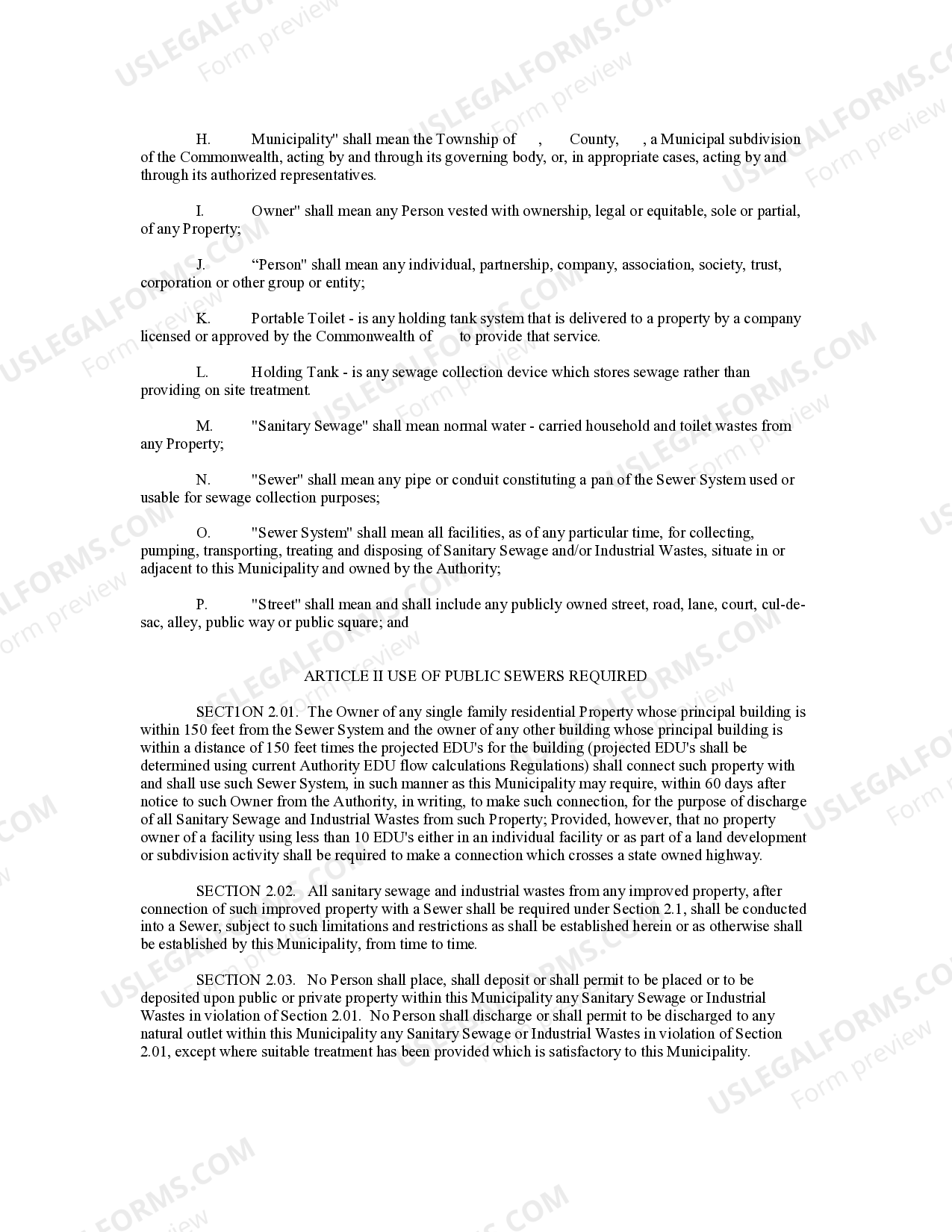 Ordinance Requiring Connection to Sewage System | US Legal Forms