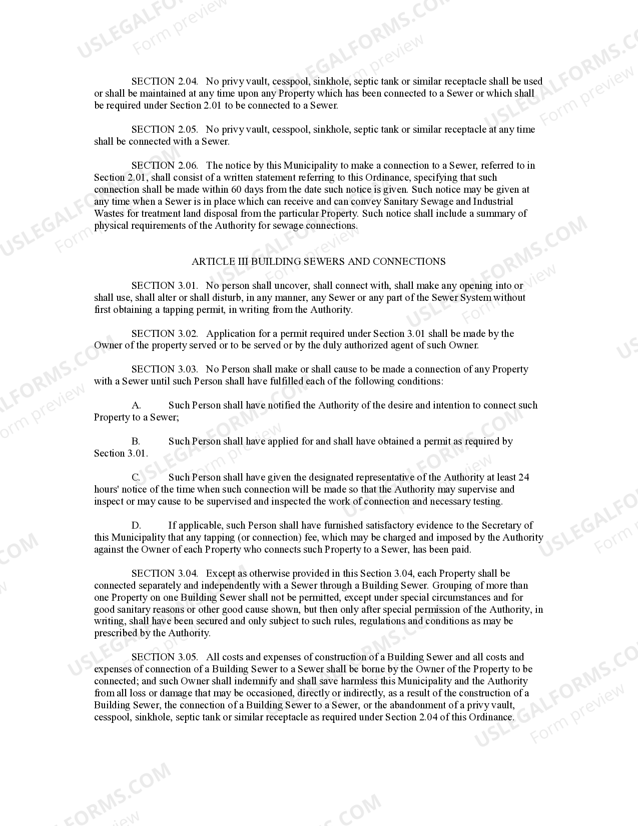 Ordinance Requiring Connection to Sewage System | US Legal Forms