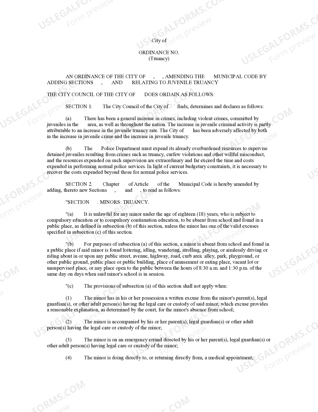 Truancy Ordinance - Juvenile Truancy | US Legal Forms